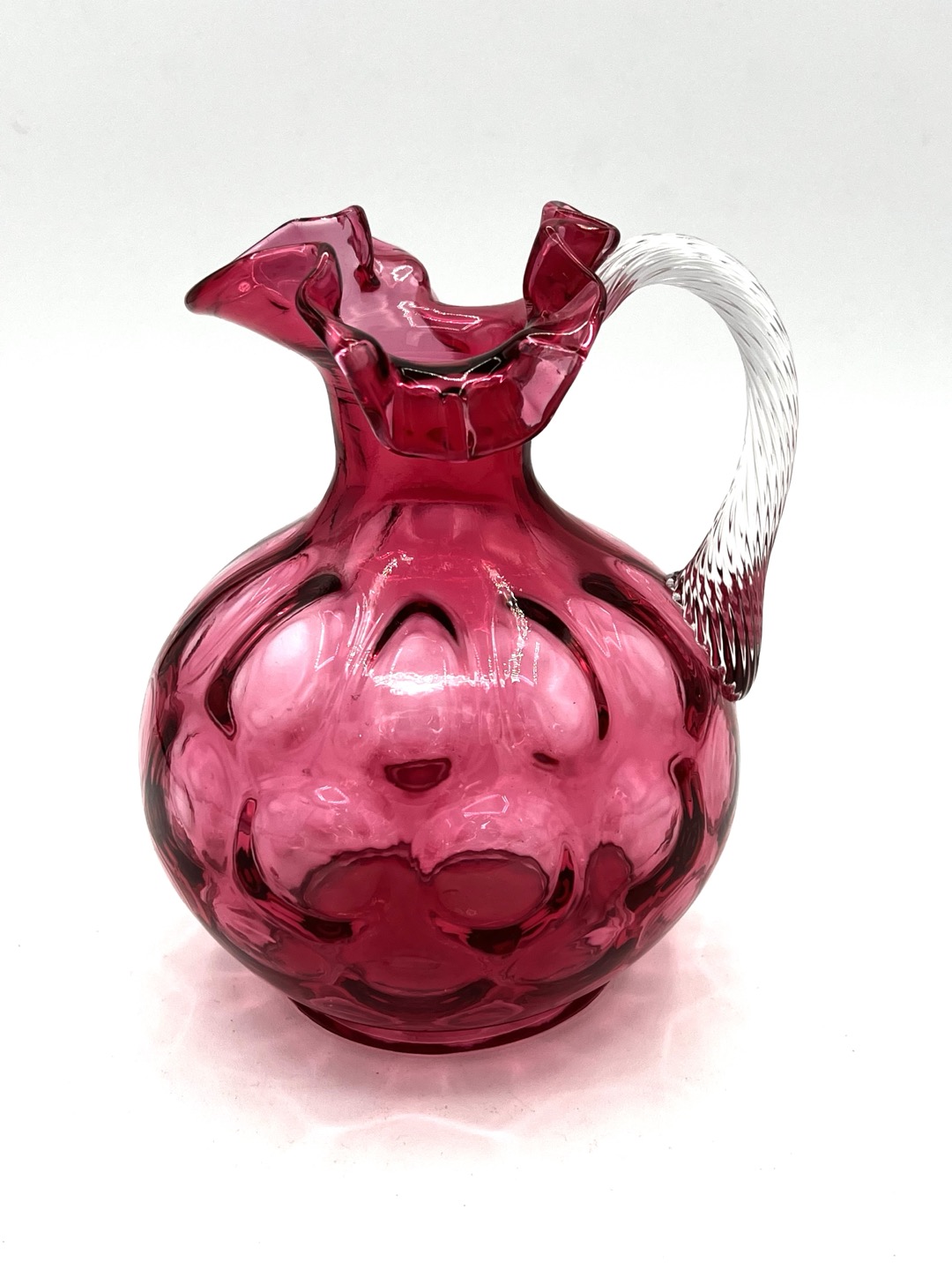 Fenton Thumbprint Cranberry Pink Pitcher COIN DOT Ruffled Top CLEAR APPLIED HANDLE