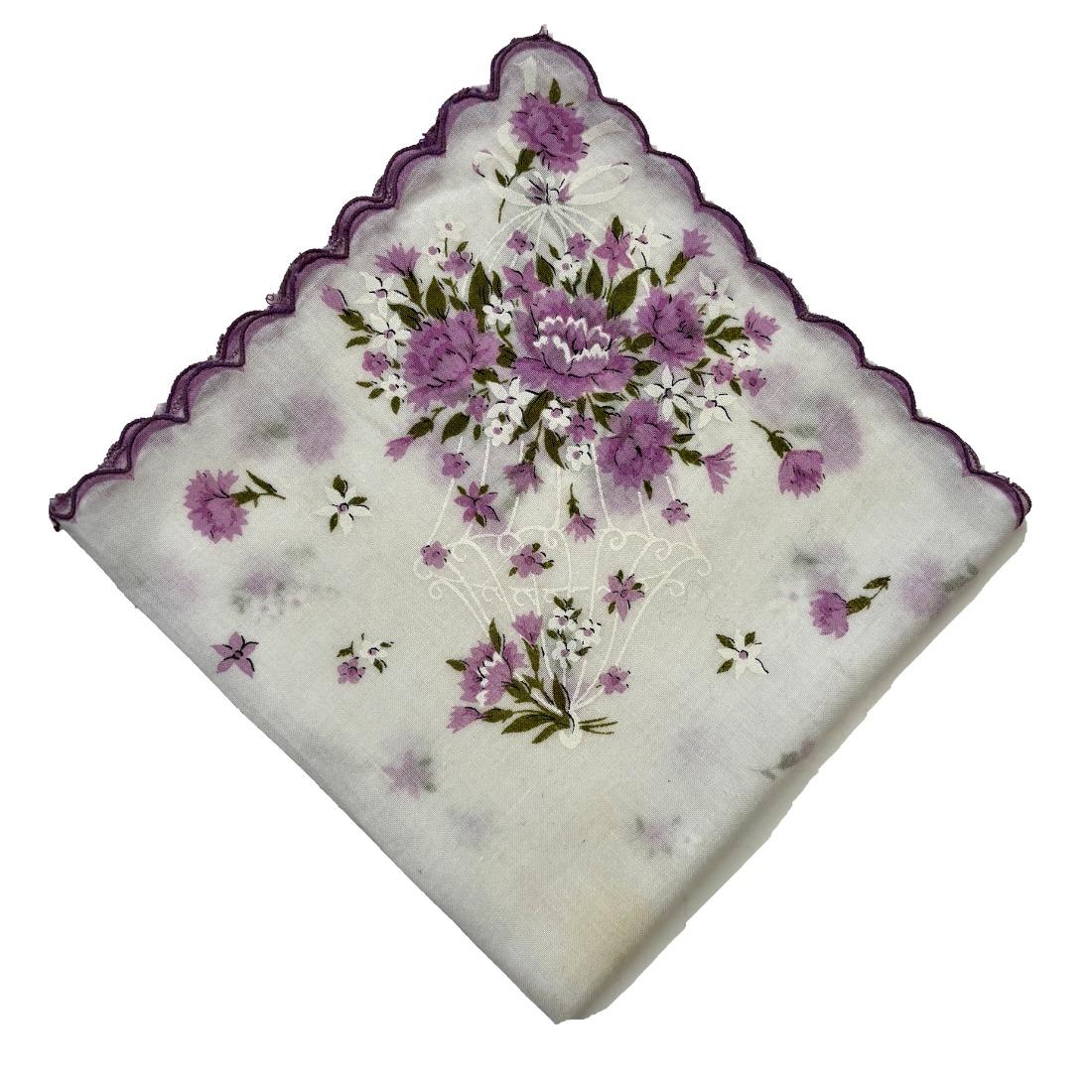 Purple Floral Handkerchief Vintage Cottagecore Granny Mid Century Scalloped