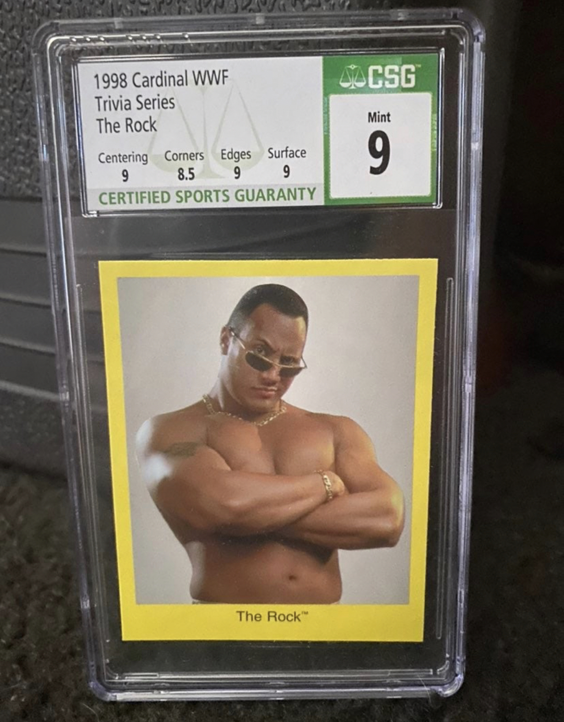 1998 The Rock First Card graded 9.0 WWF Cardinal Trivia Game Rookie EC
