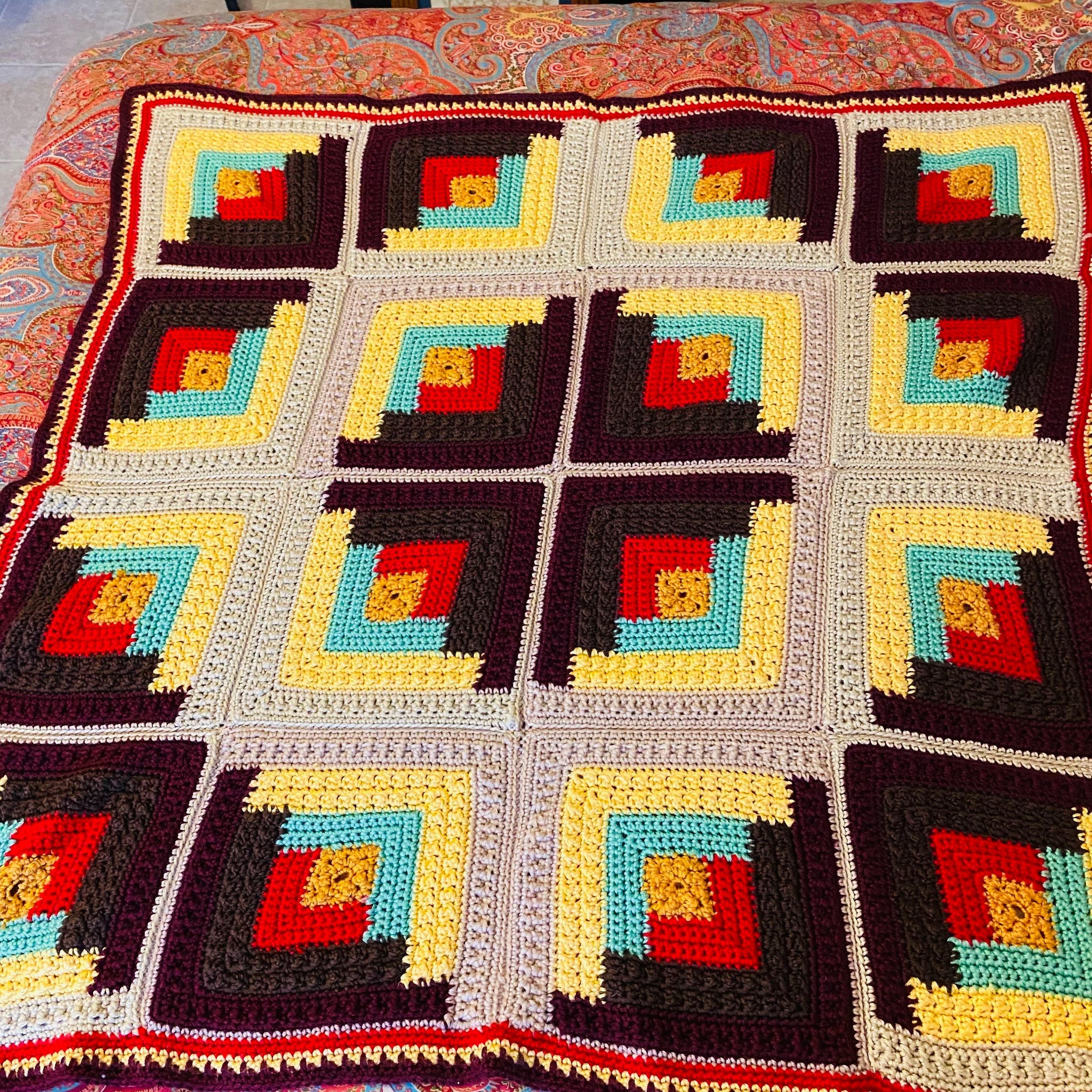 05 Heavy Vintage Crochet Log Cabin Design Afghan Throw Blanket Quilt ...