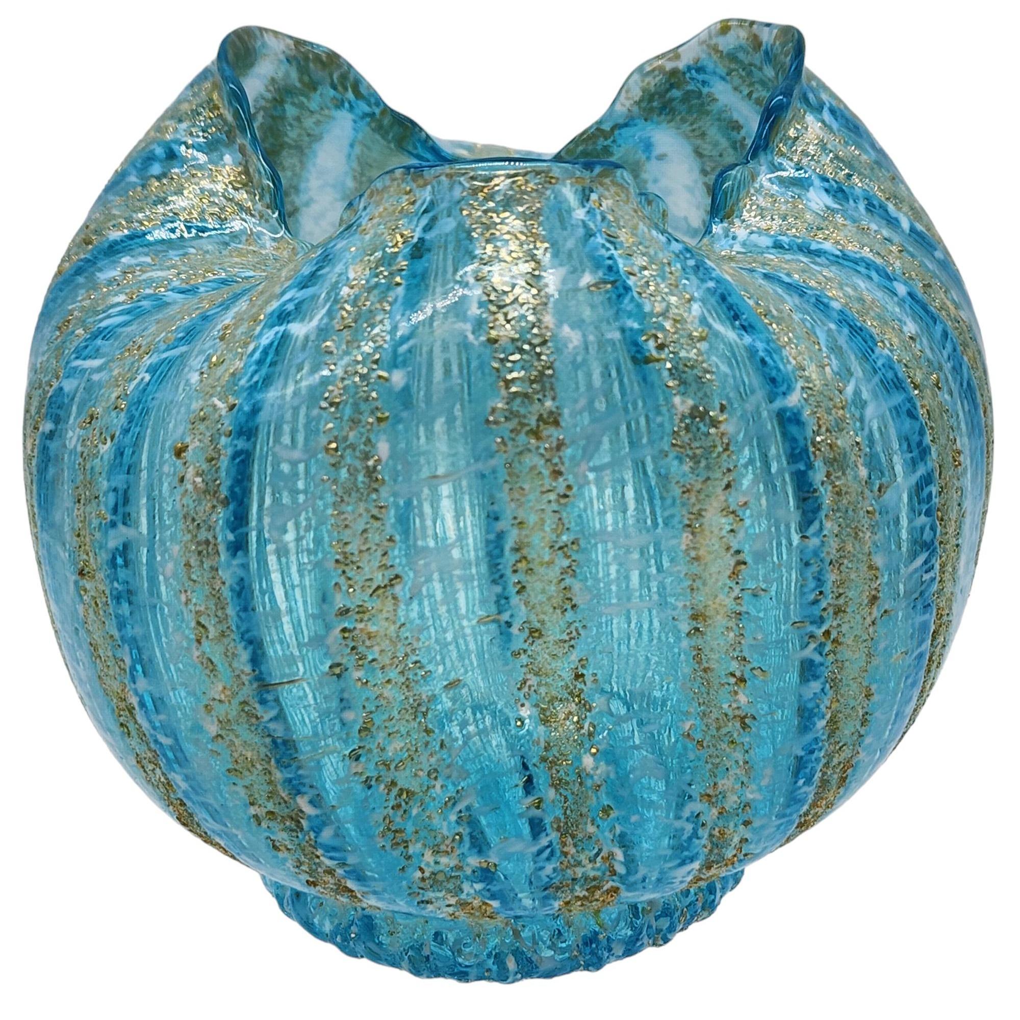 Dugan Aqua Frit Triple Pinched Rose Bowl Tri Cornered 4" Tall