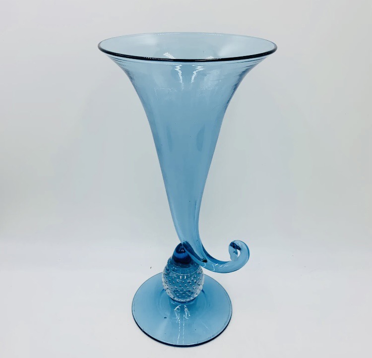 Pairpoint Blown Art Glass Cornucopia 11” Vase Marina Blue w Bubbles VHTF
