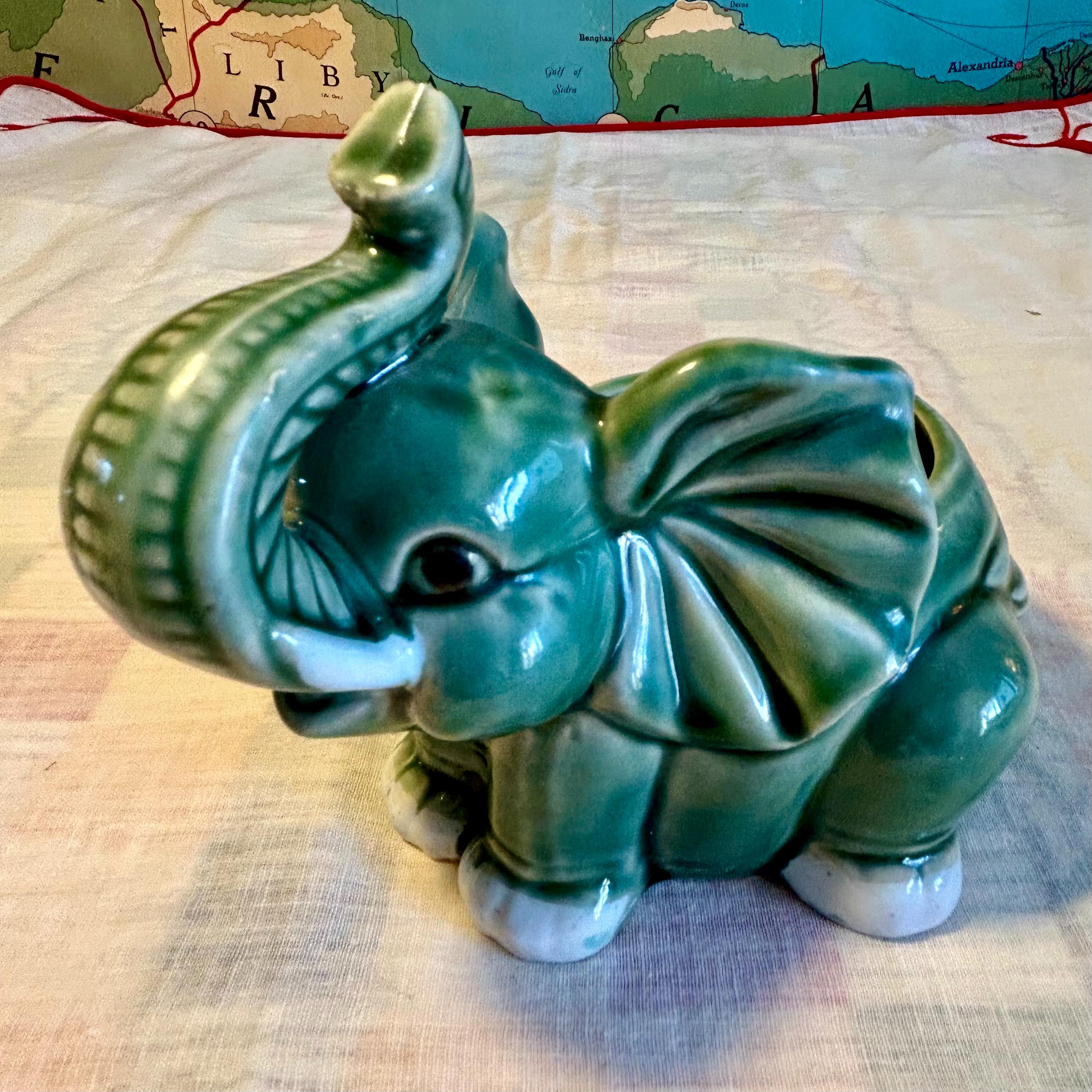 Vintage Baby Elephant Whimsical Winking Green Ceramic Planter Glazed ...