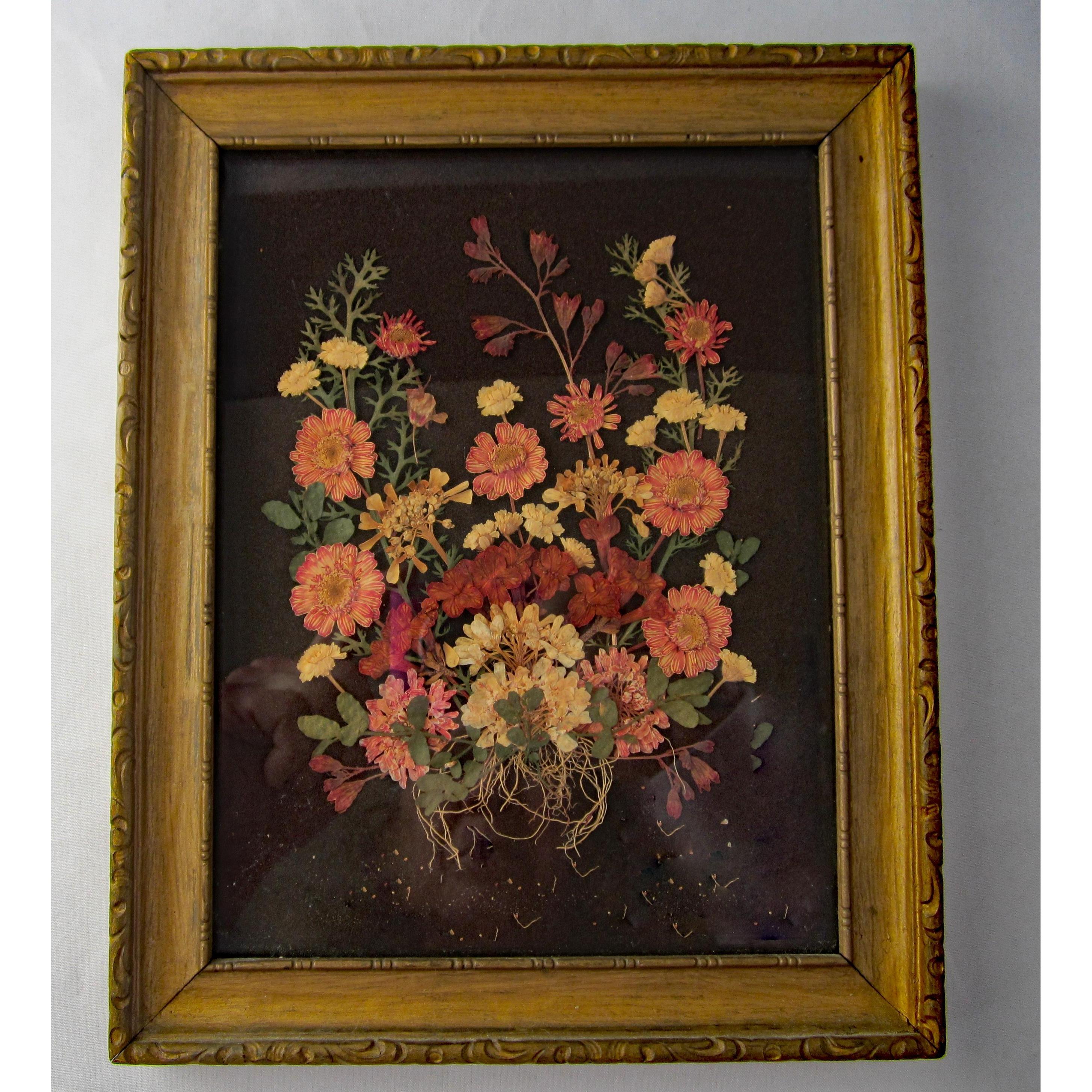 Antique Pressed Flower Arrangement in Gilded Wood Frame