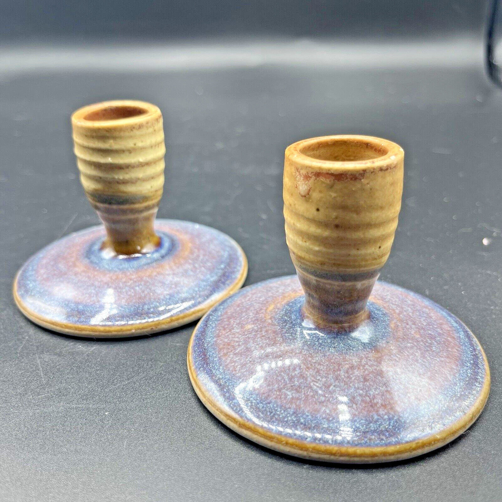 Royce Yoder Pottery Stoneware Drip Glaze Candle Holders Set of 2