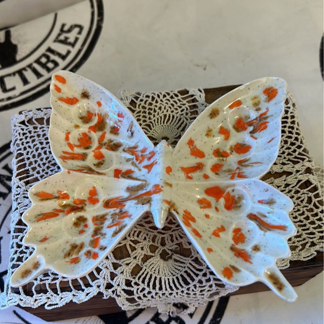 Mid Century Paint Splatter White Ceramic Butterfly Plate | Trinket Dish ...