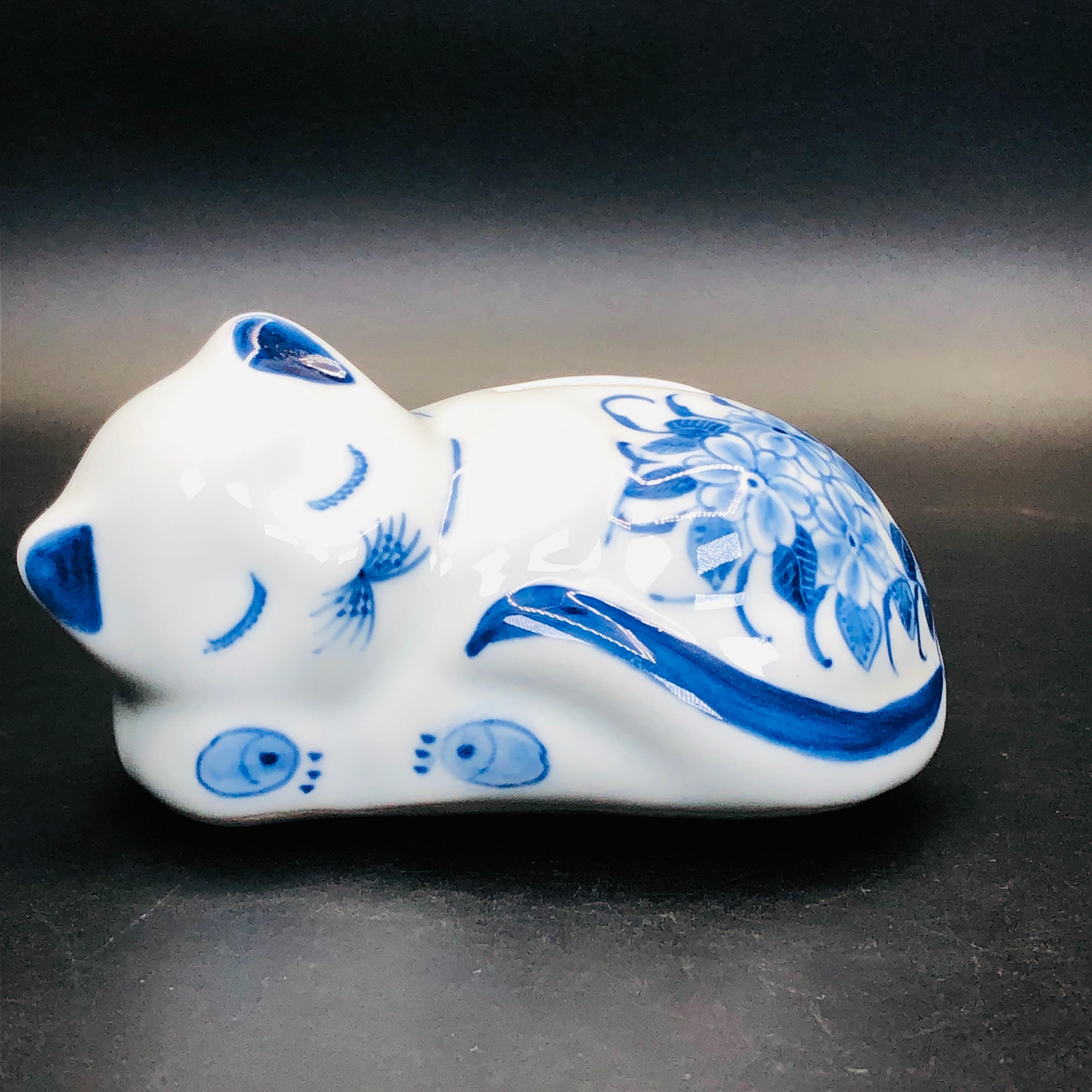Blue White Floral Porcelain Sleeping Cat Coin Bank
