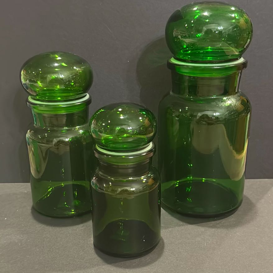 Set of 3 Bubble Top Green Glass Apothecary Jars from Belgium