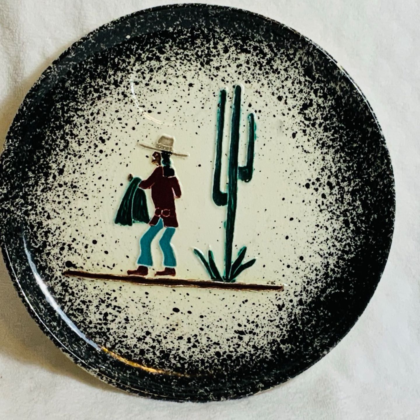 Majolica Pottery Walking Warrior With Green Saguaro And Maguey Trees In ...