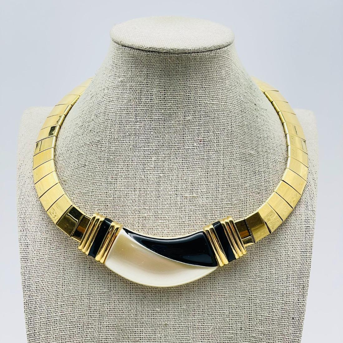 NAPIER Black White Enamel Center Necklace Gold Tone Wide Chunky Classic