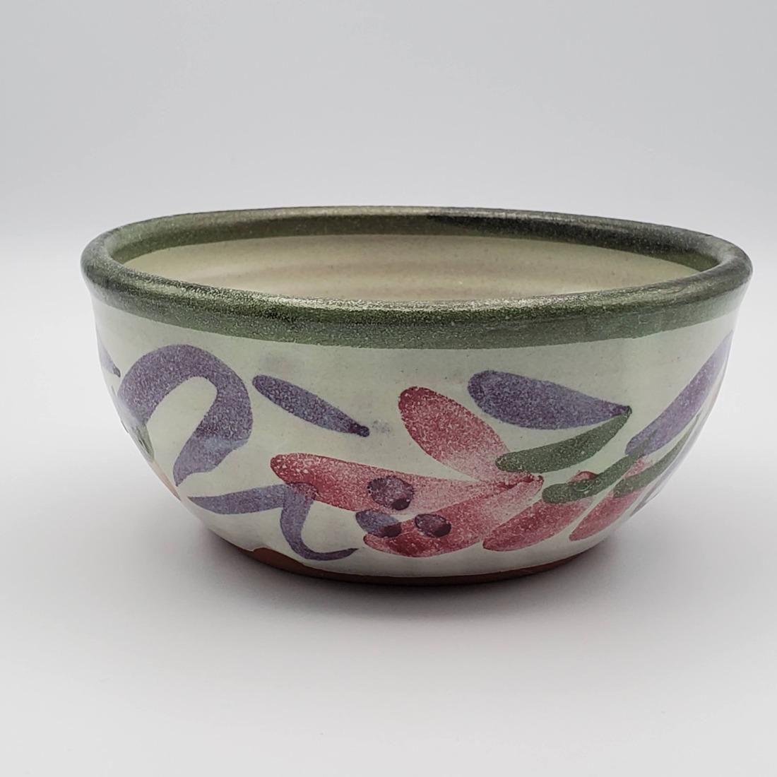 Studio Art Pottery Glazed Redware Bowl Floral Hand Painted design signed