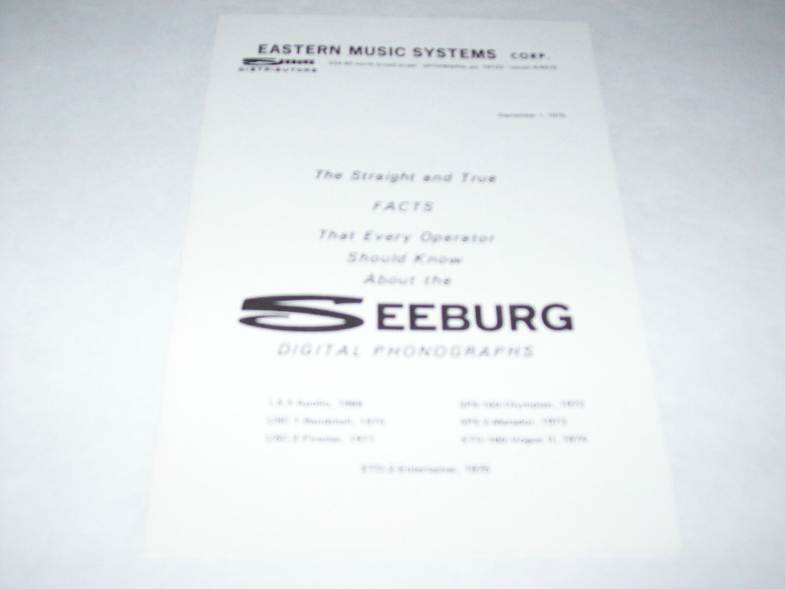 SEEBURG 1975 DIGITAL PHONOGRAPHS TRUE & FACTS FLYER BROCHURE EASTERN MUSIC