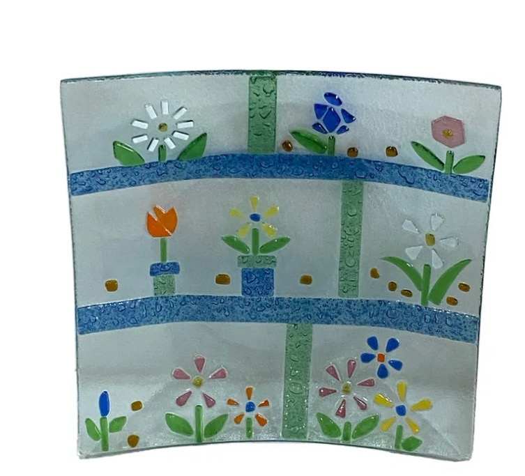 Fused Slump Art Glass Square Plate Spring Floral Design