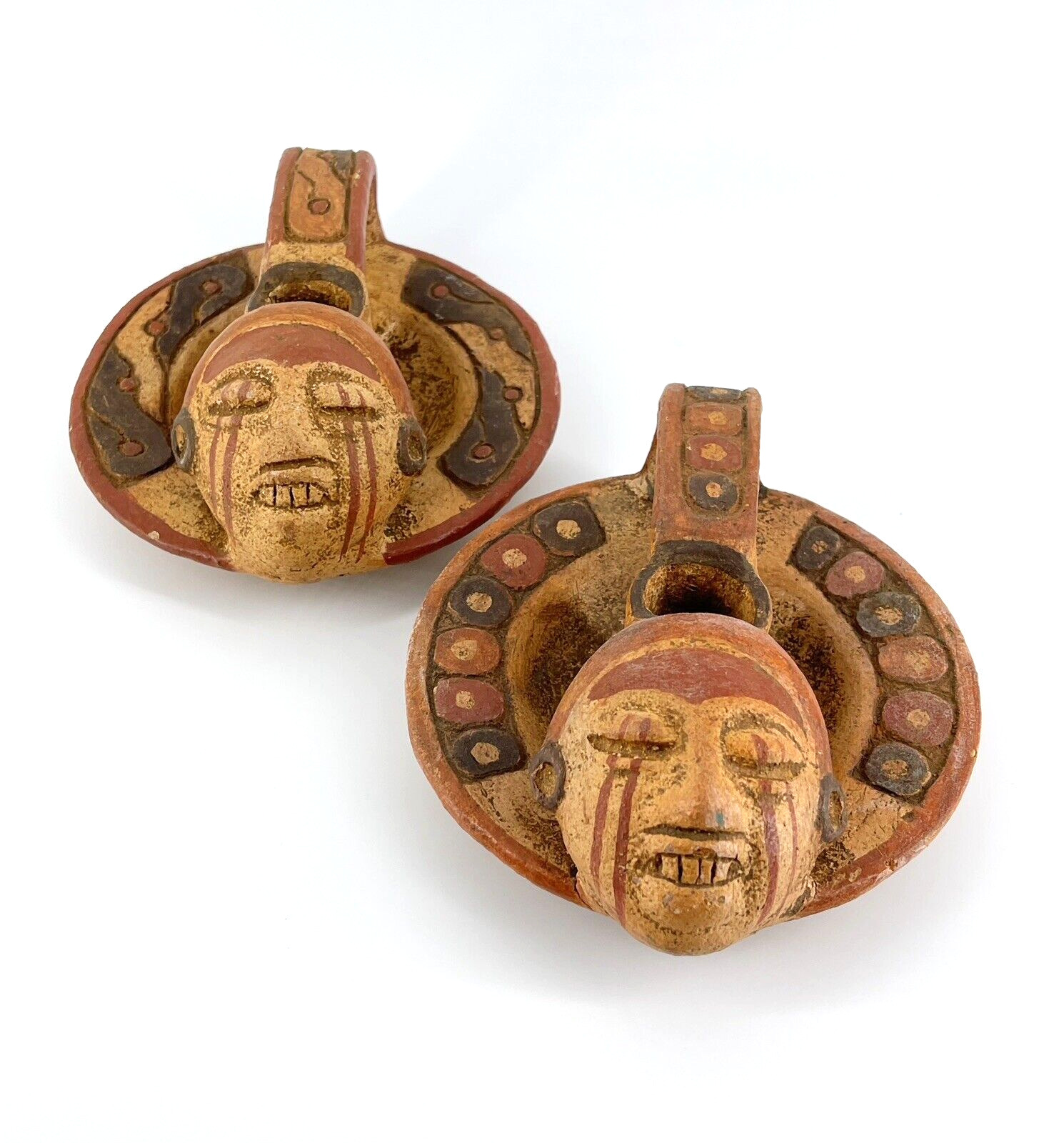 VTG HANDCRAFTED TERRACOTTA AZTEC MAYAN CANDLE HOLDERS CHAMBER STICKS CARVED