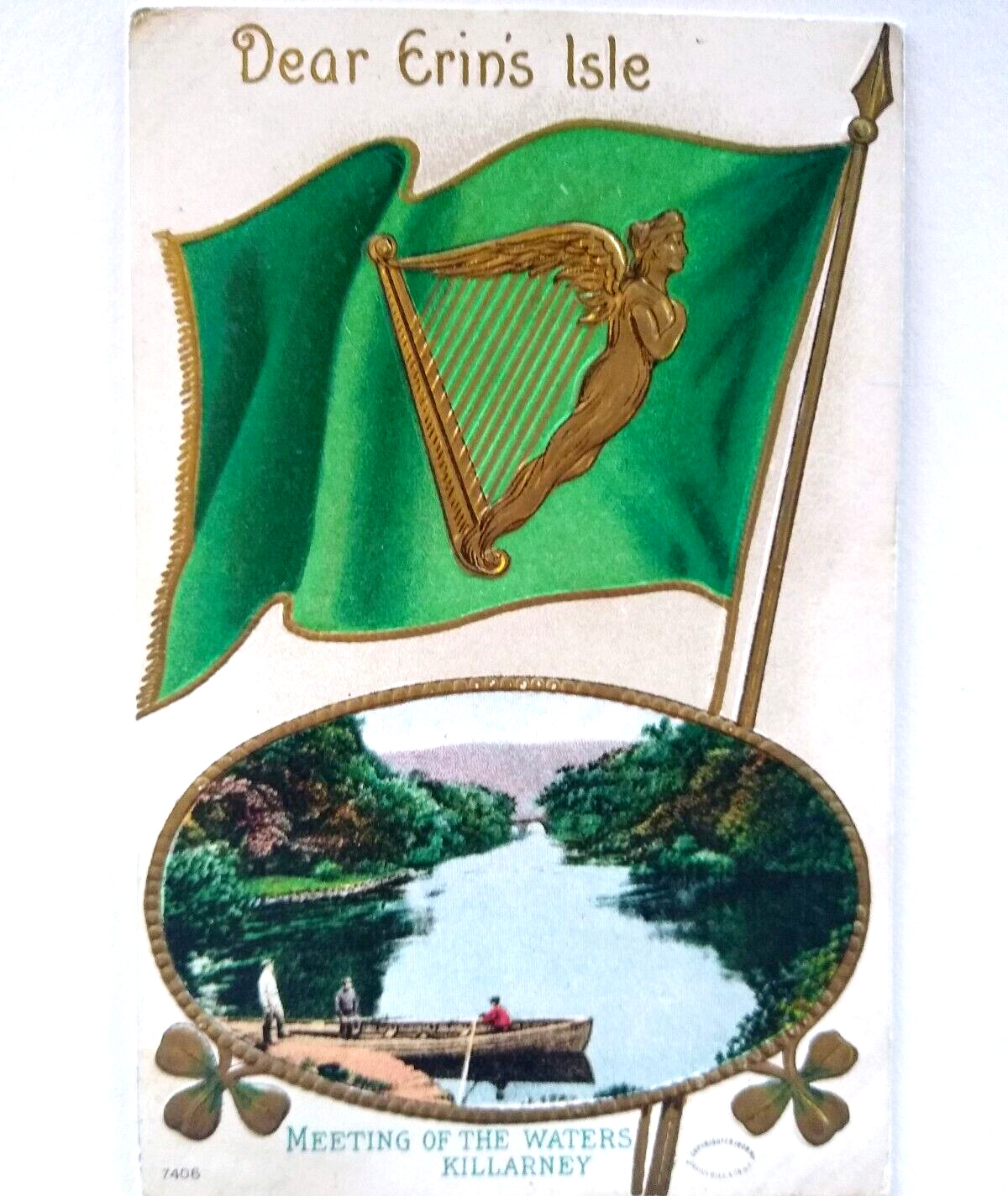 St Patricks Day Postcard Dear Erin's Isle Gold Harp Flag Canoe Label ...