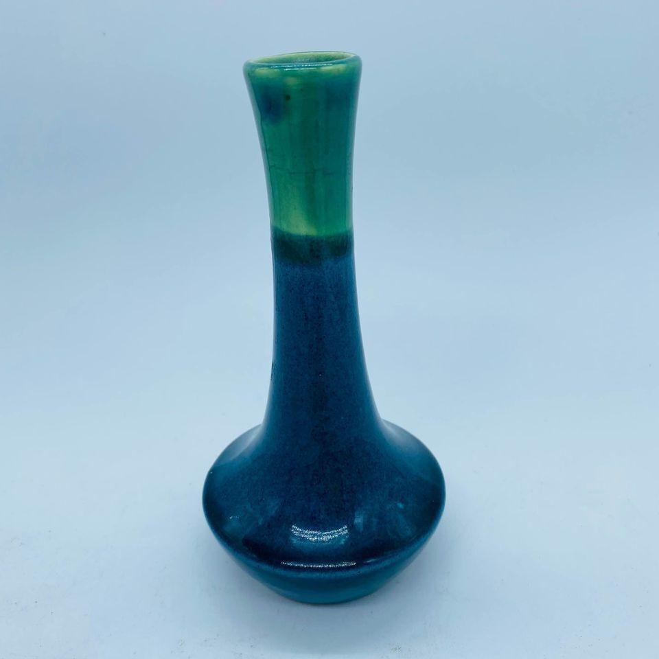 Blue green block colour bud vase Handmade Pottery from Bermuda