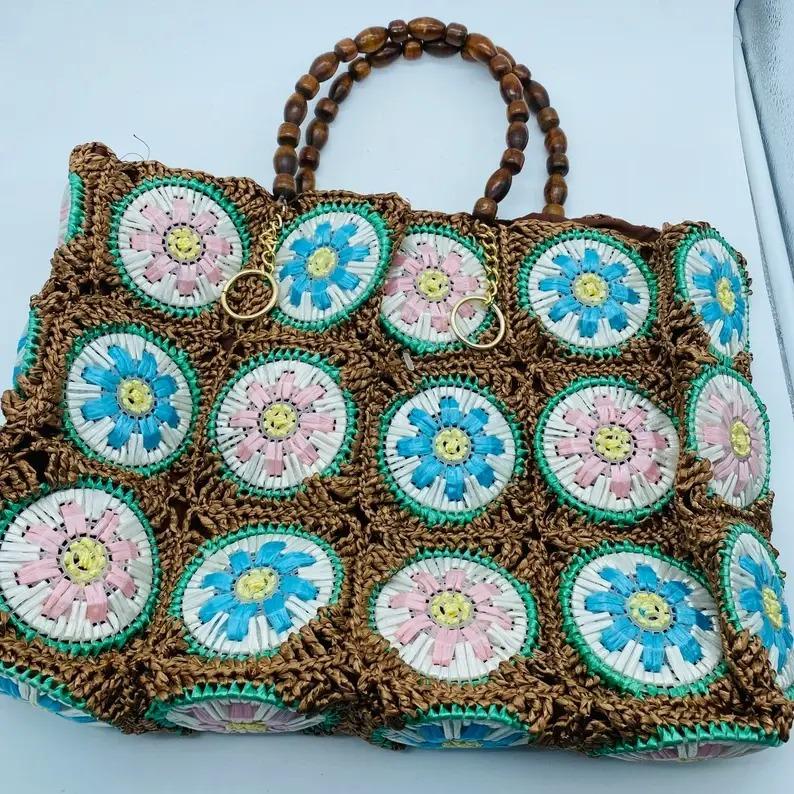 #1431 Handmade woven Raffia Floral Granny Square Tote Bead Handles
