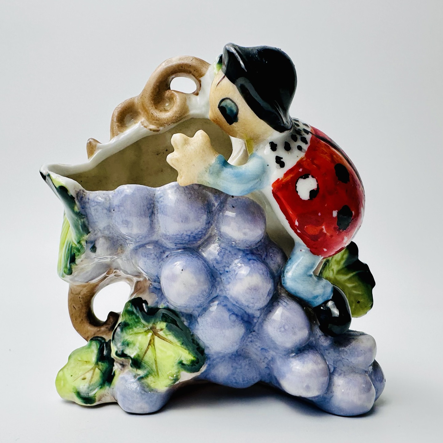 Vintage Anthropomorphic Ladybug On Purple Grapes Hand Painted Ceramic ...