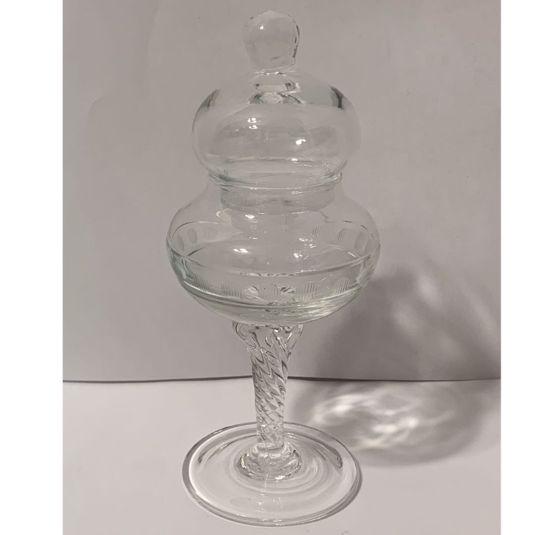 Clear Glass Twisted Stem Lidded Jar with Etched Ring Accent