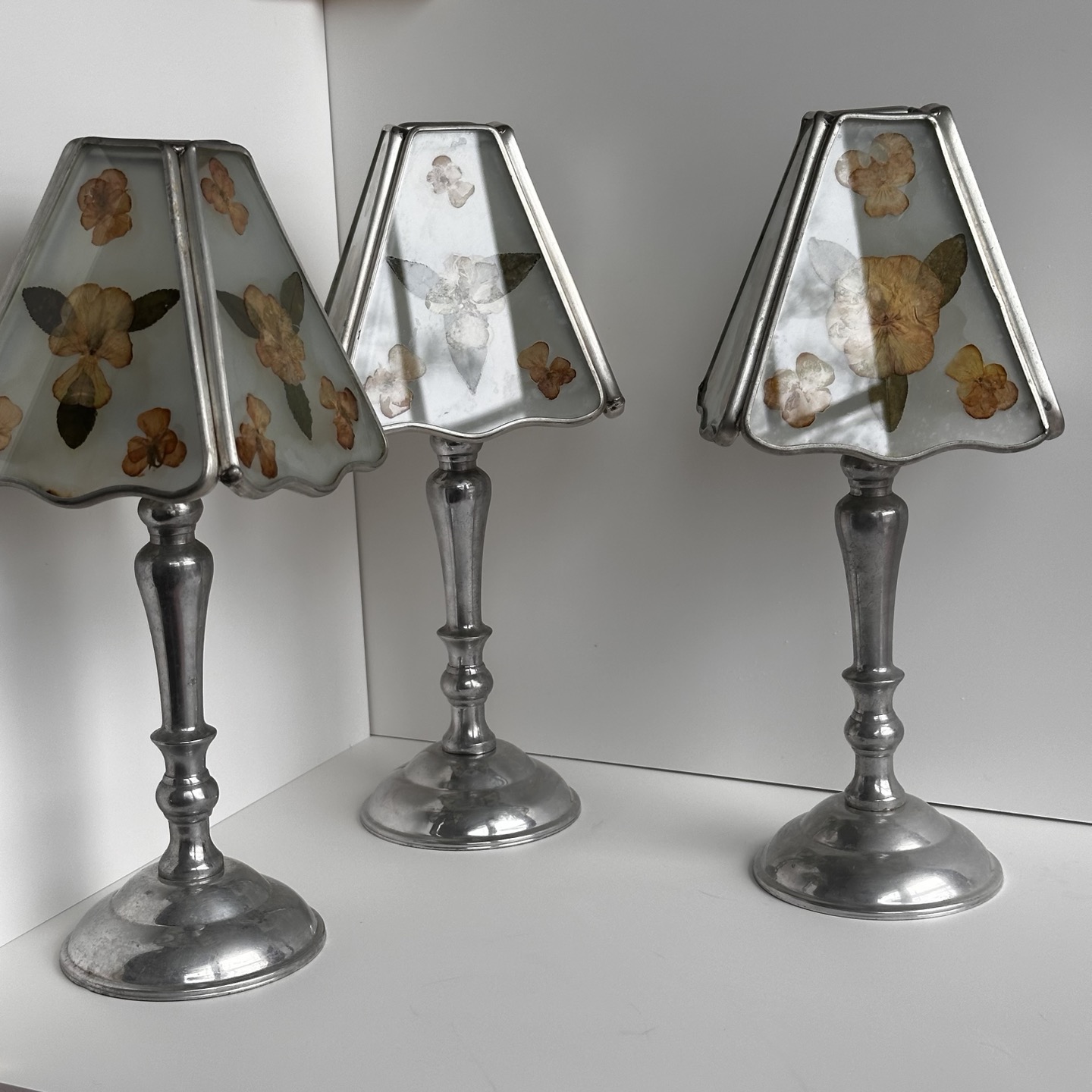 #312 MCM-Vintage-Retro Pewter Tea Lamps Lights Glass Shades With ...