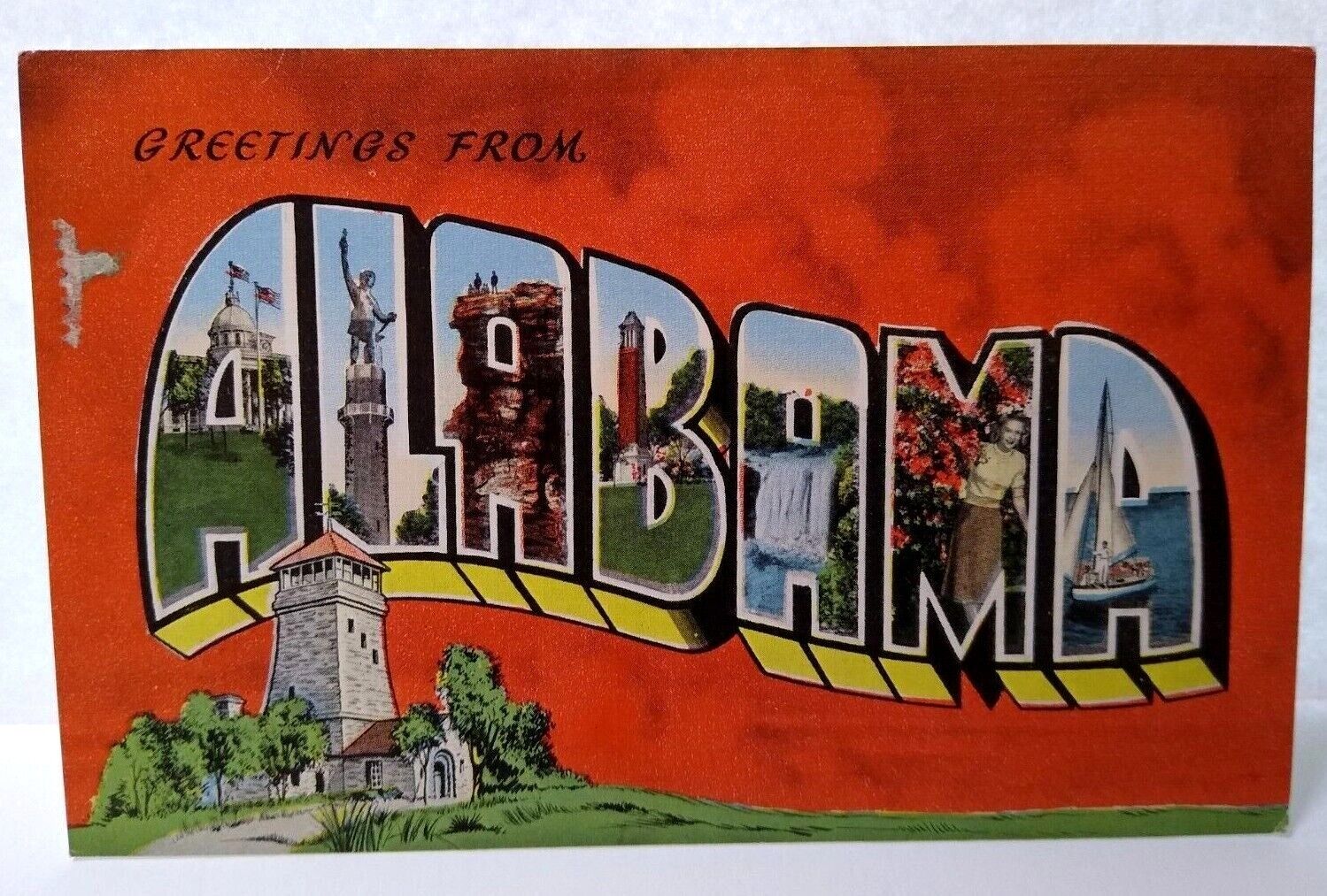 Greetings From Alabama Large Big Block Letter Postcard Linen Unused Red ...