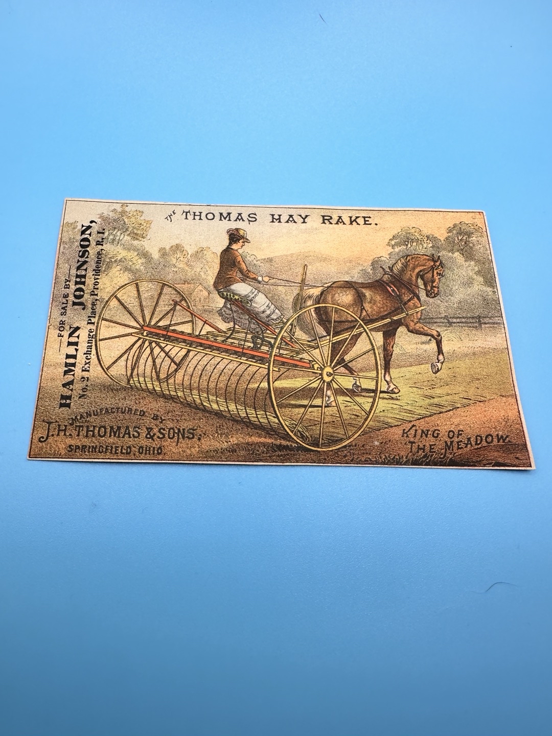 Antique Oversized Trade Card For The Thomas Hay Rake Featuring Woman Driver