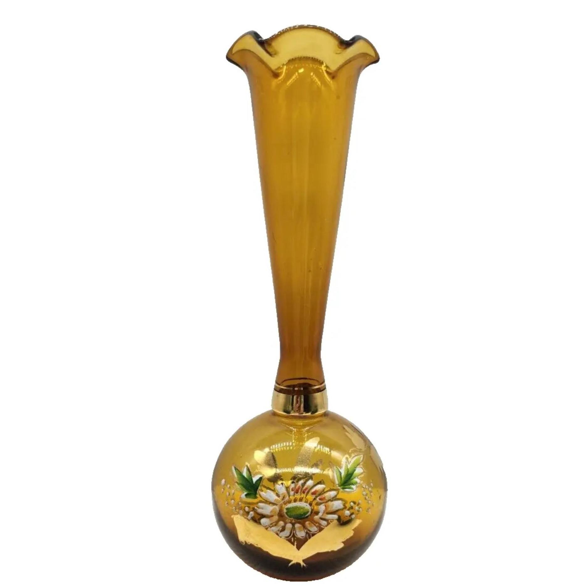 Bohemian Hand Painted Amber Fluted Ruffle Top Bulb Vase