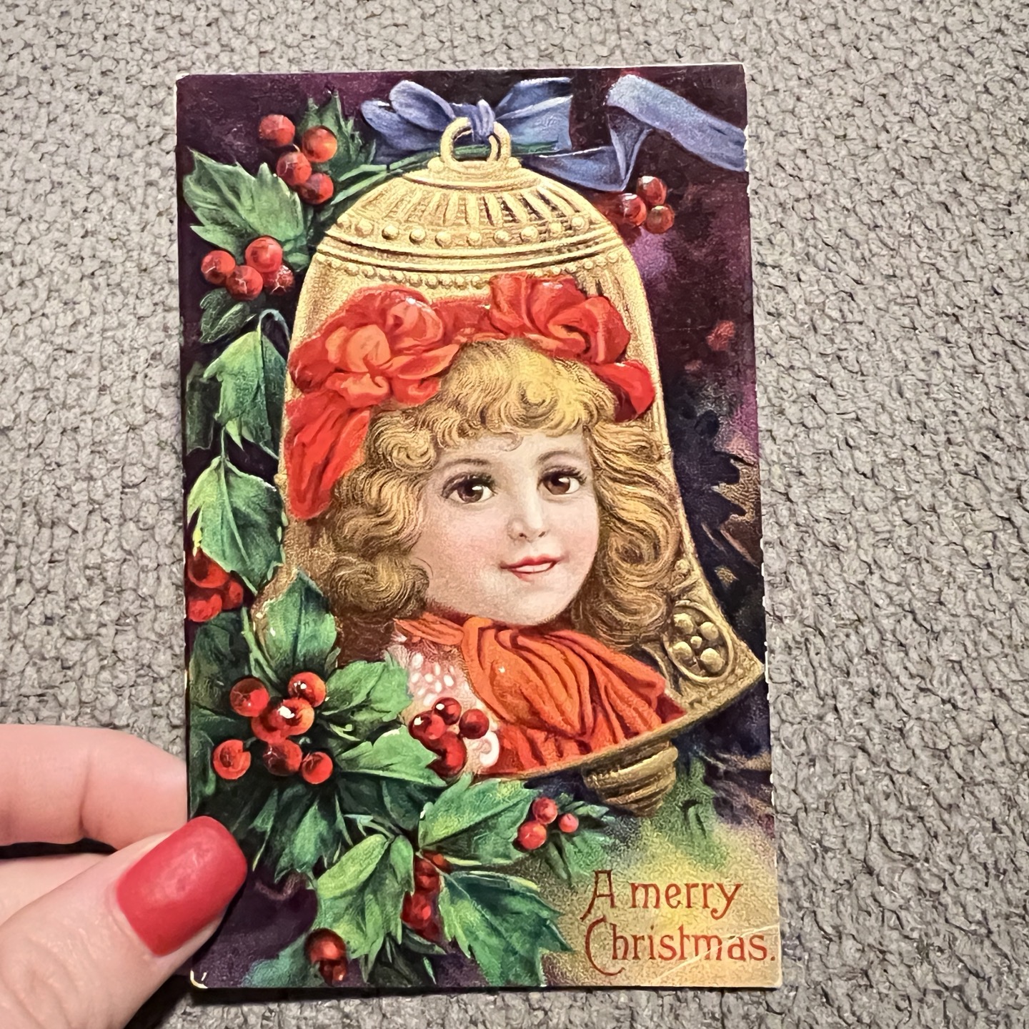 Victorian Antique Christmas Girl Bell Post Card