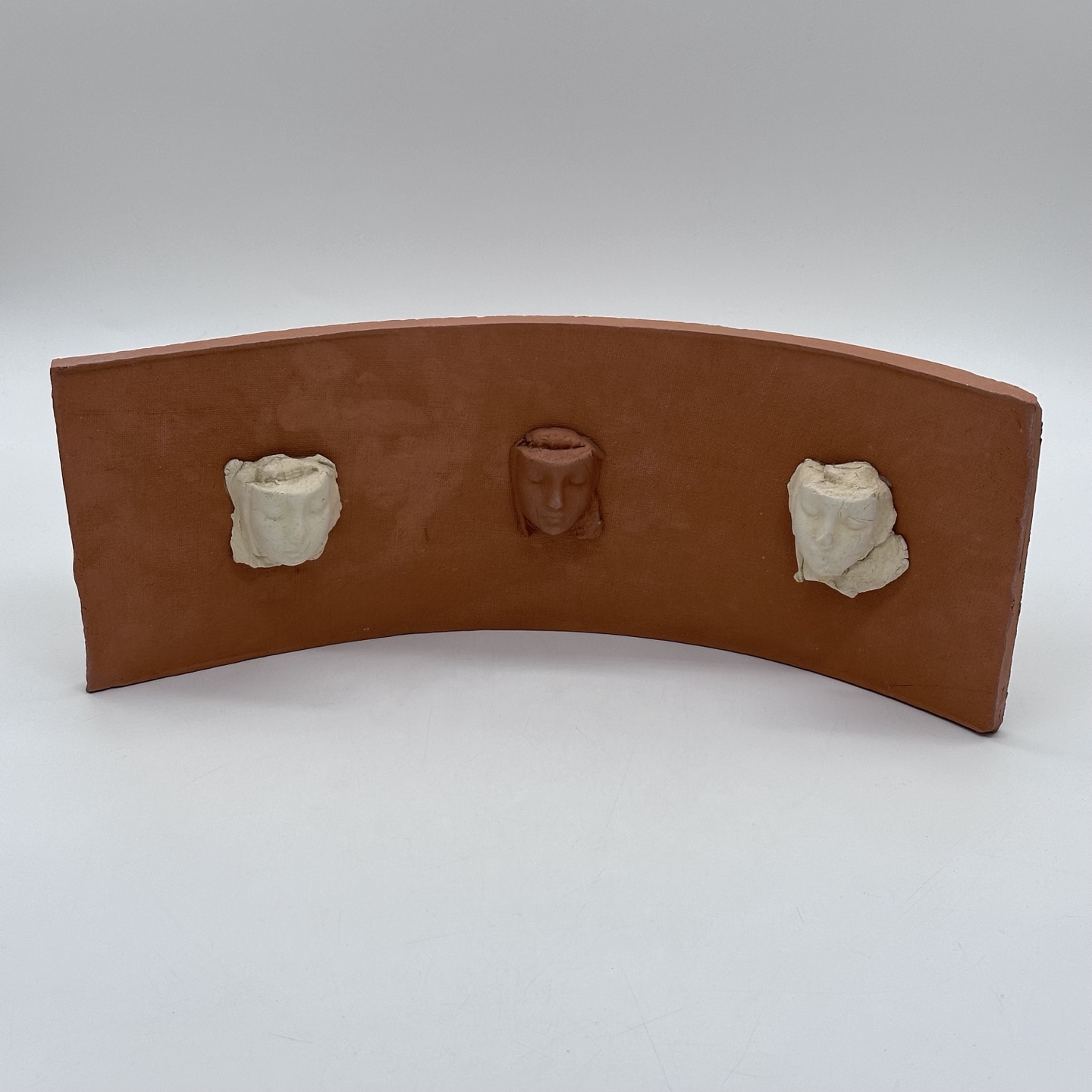 Redware Clay Art Pottery Curved Three Faces Unique Sculpture