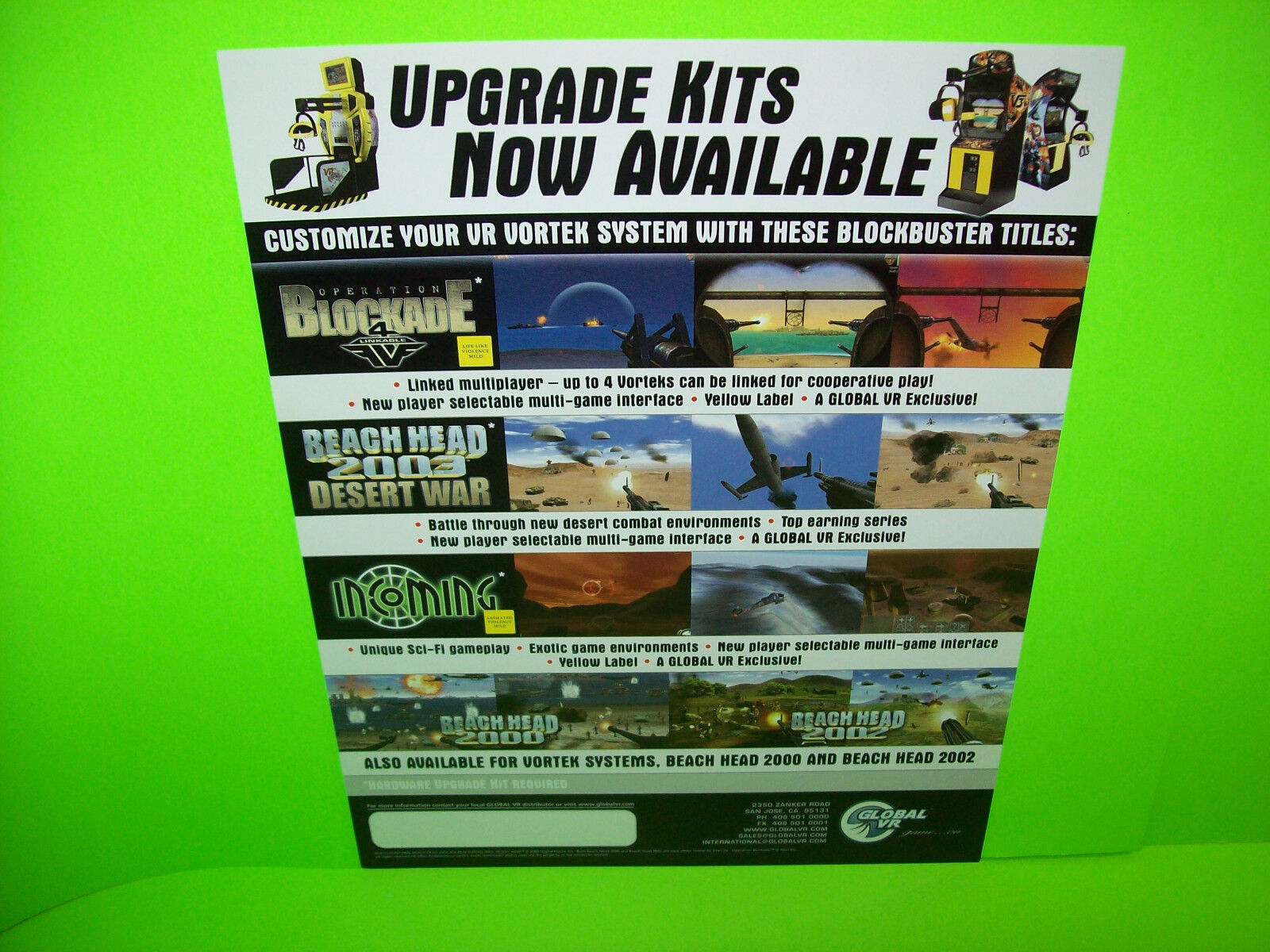 Global VR UPGRADE KITS Original 2003 Video Arcade Game Promo Sales ...