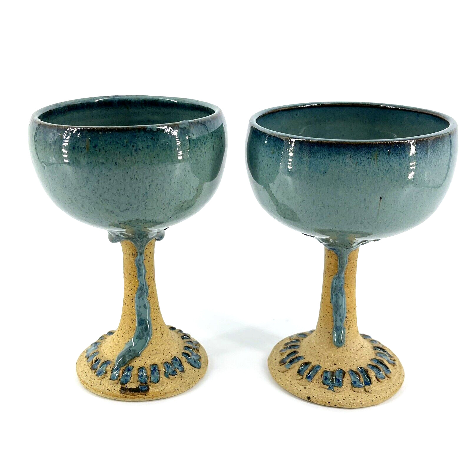 RENAISSANCE STYLE STONEWARE PAIR 6" GOBLETS HANDCRAFTED TEAL BLUE DRIP ...