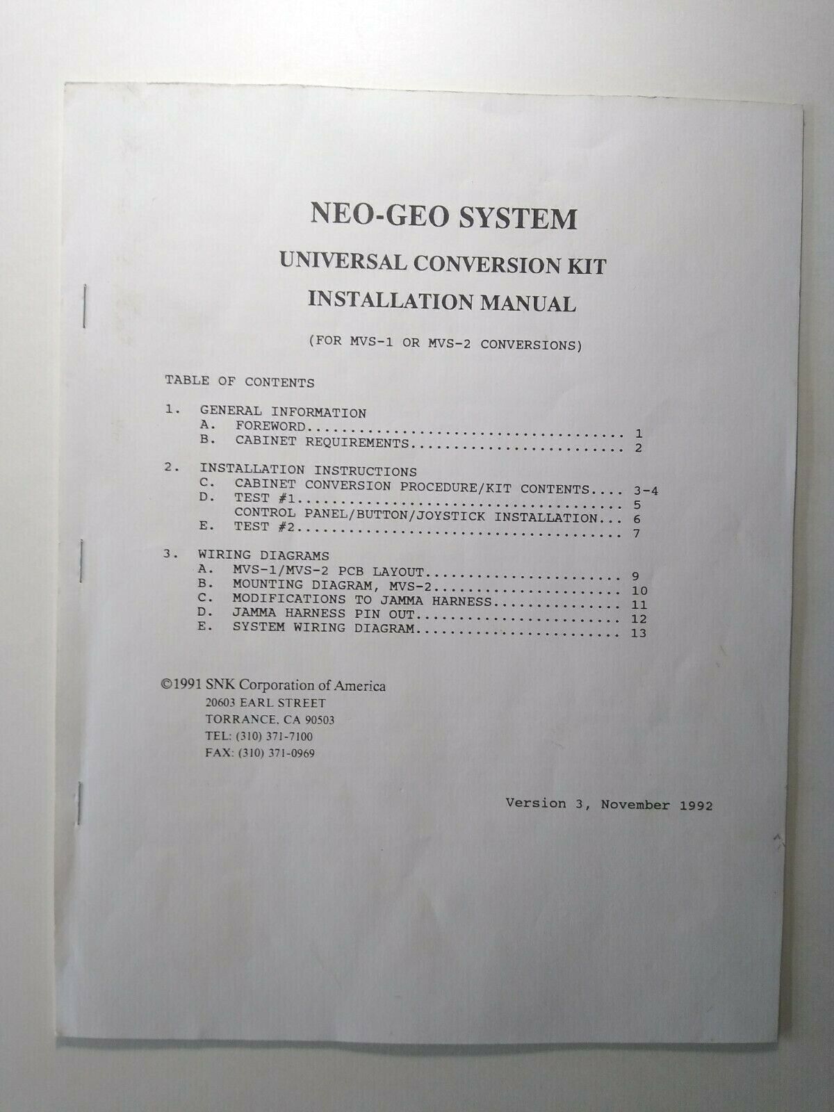 Neo Geo SNK System Original Video Arcade Game Service Instruction ...