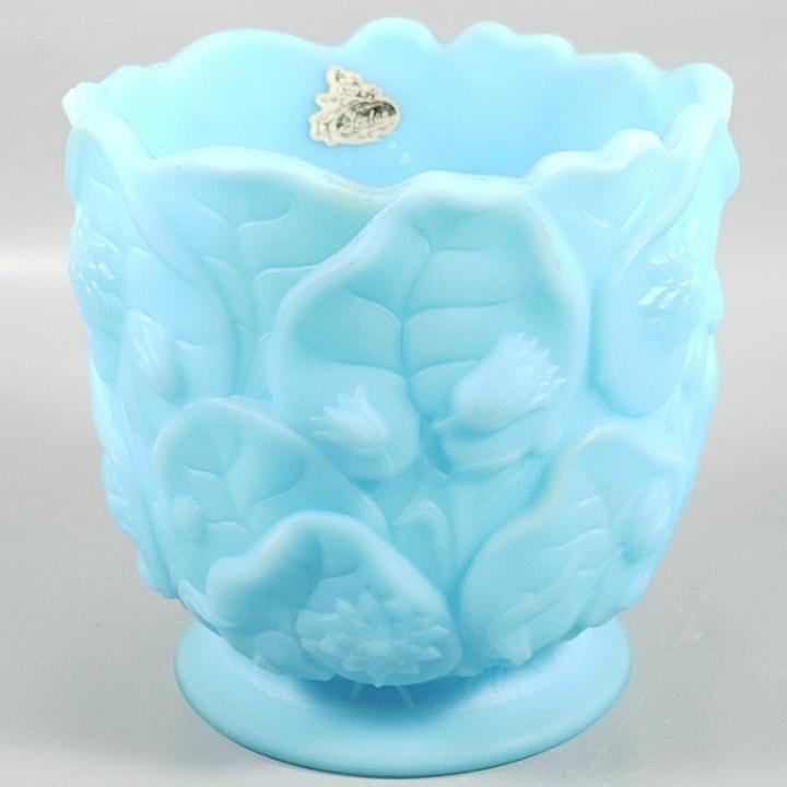 Vintage Fenton Blue Satin Water Lily Jardiniere Planter