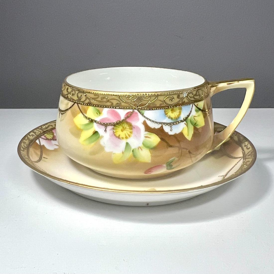 Antique Nippon Morimura Hand Painted Teacup & Saucer Set Floral & Gold ...