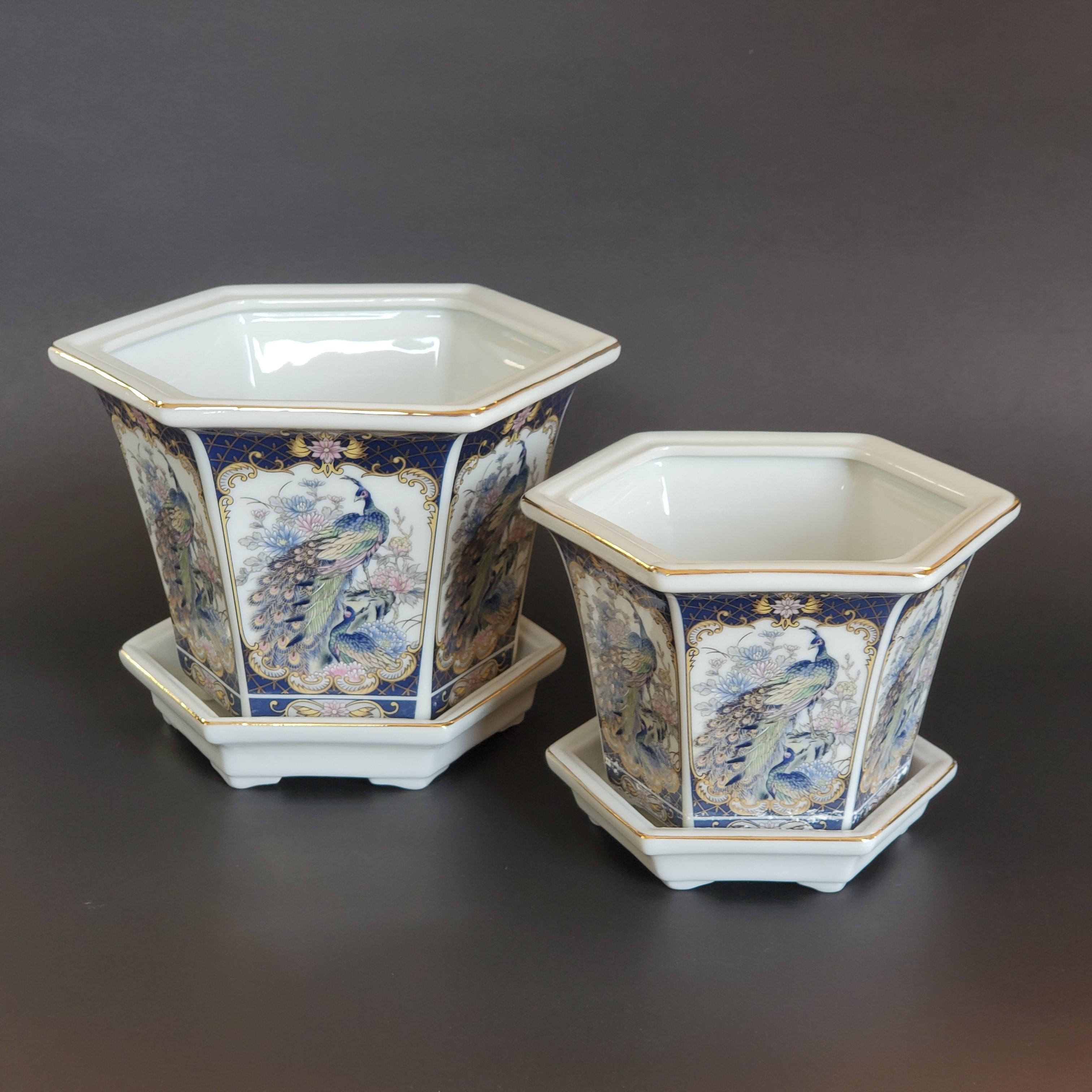 2 Matching Imari Style Porcelain Hexagon Plant Pots With Peacocks ...