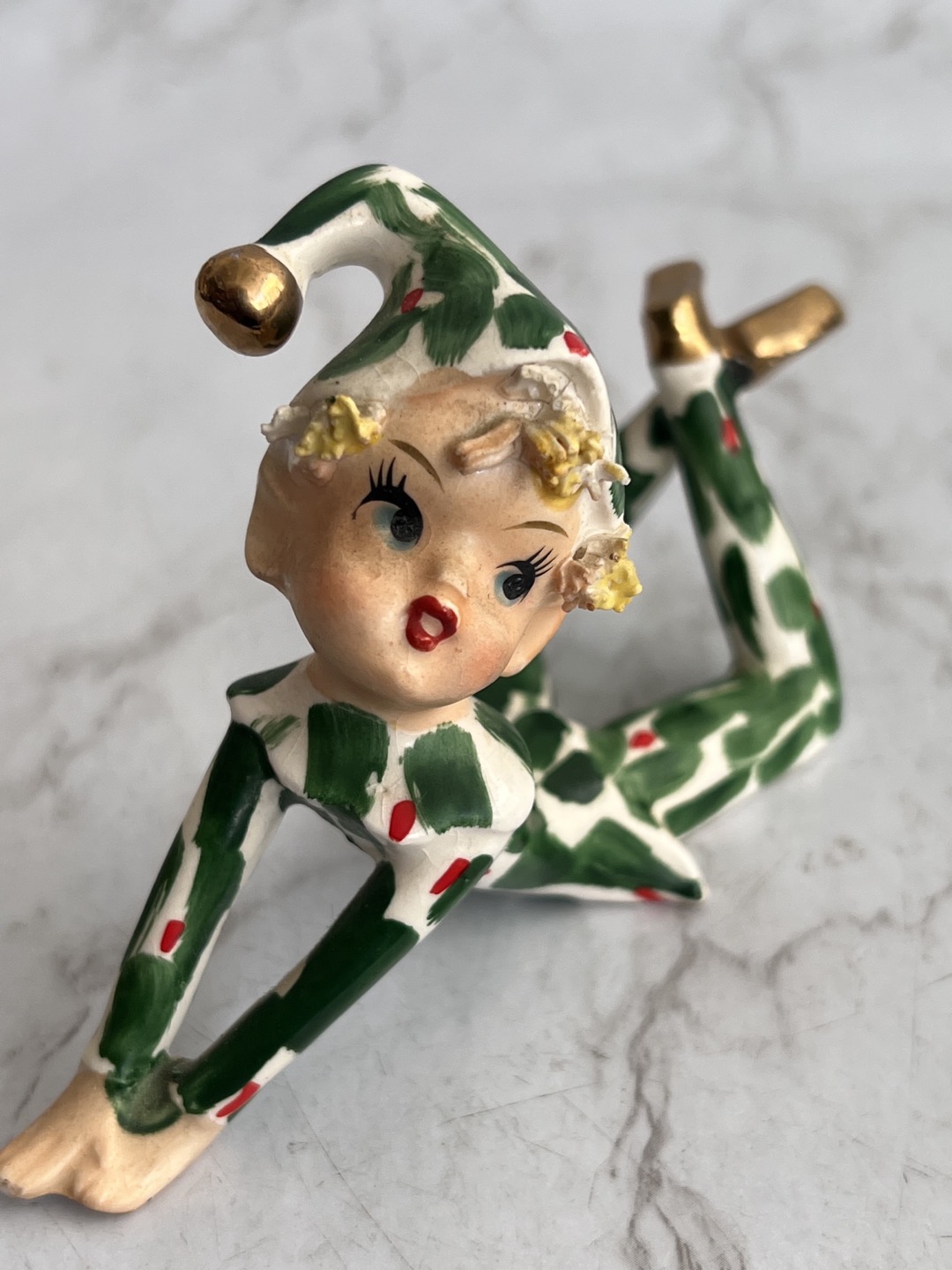 Vintage Lefton Spaghetti Pixie Elf Christmas Red & Gold - Repaired