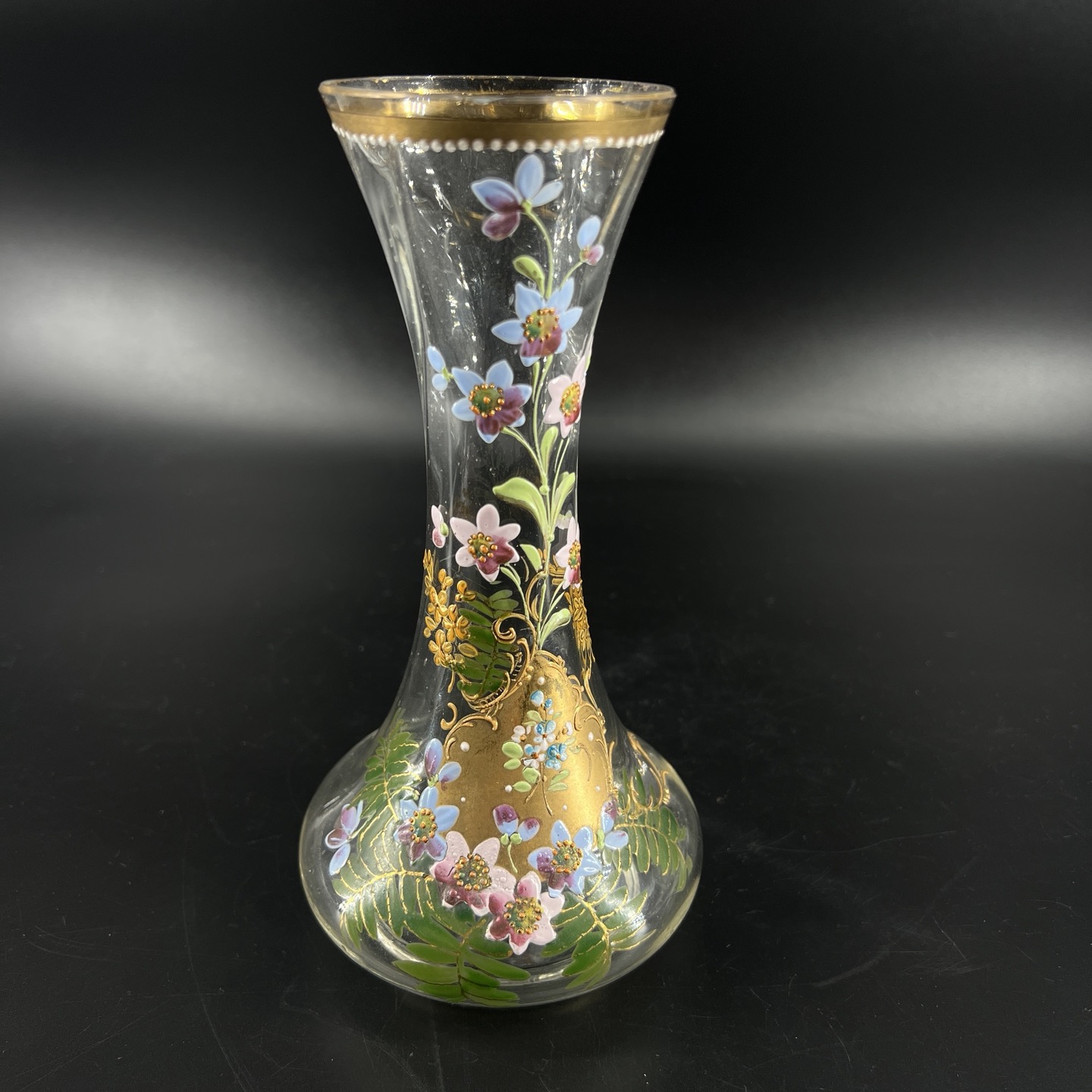 Hand Painted Floral Enamel And Gold Glass Vase
