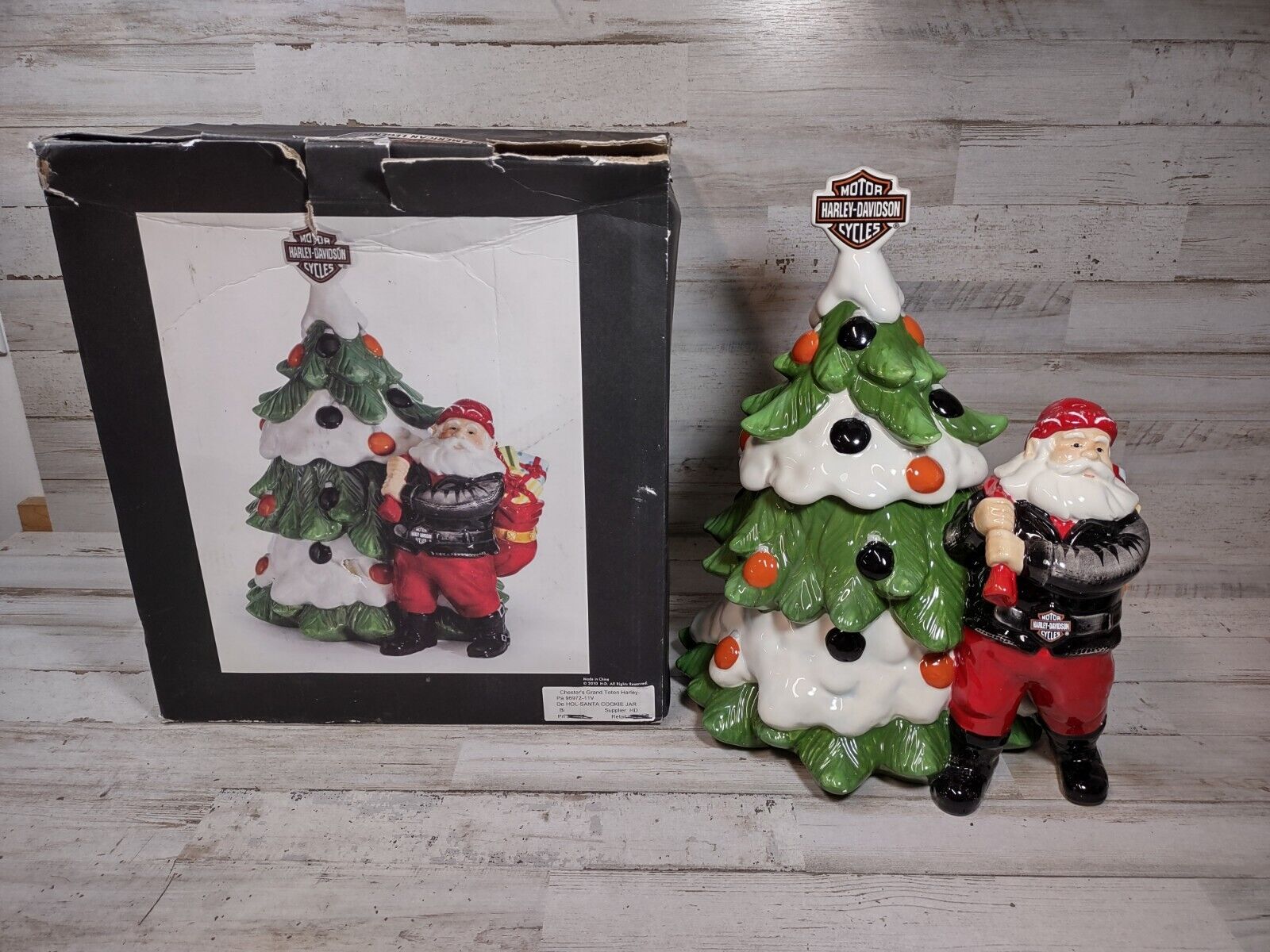 Harley Davidson Holiday Santa Christmas Cookie Jar Tree Ceramic 2010 w/ Box