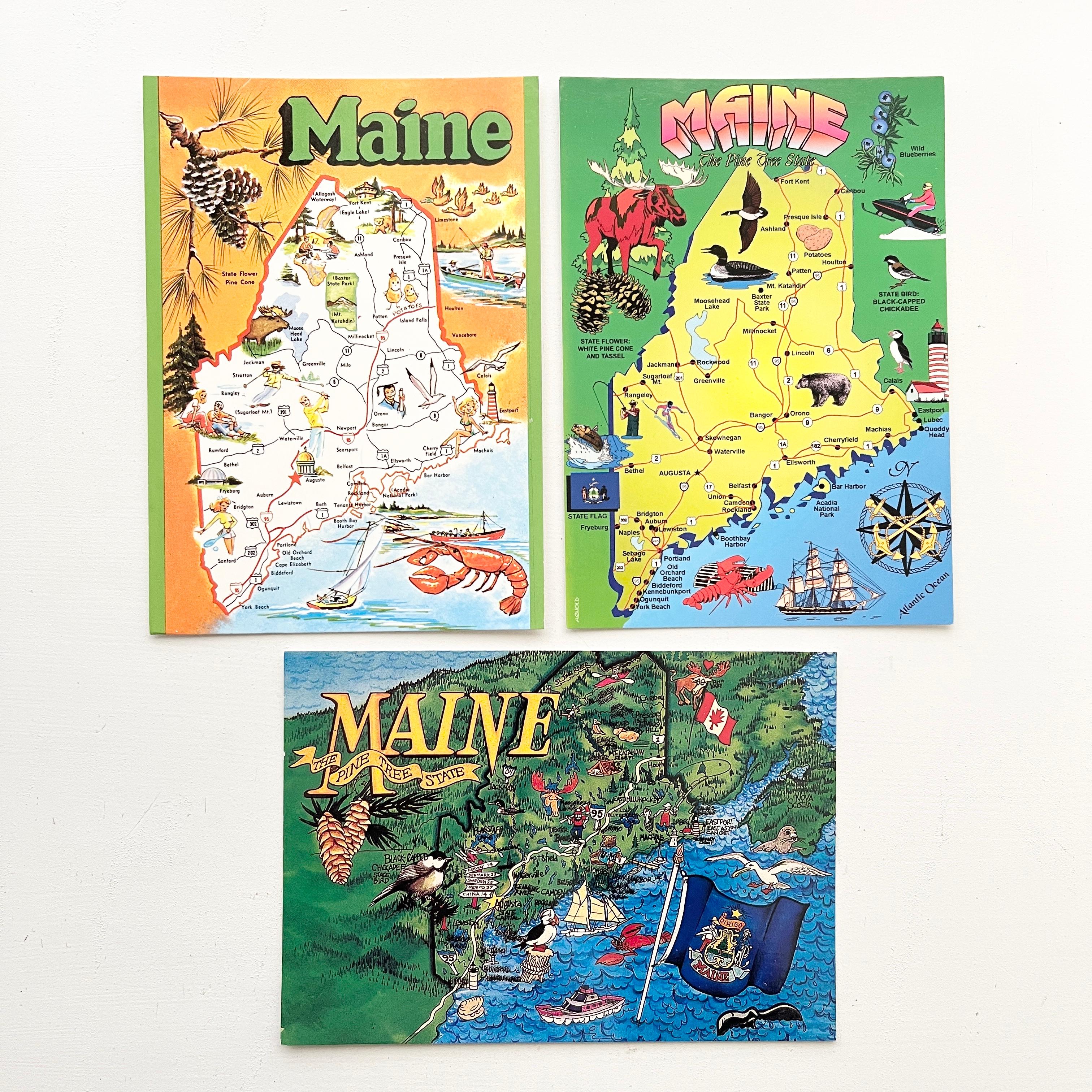 Maine State Cartoon Map Postcards Flower Bird Flag USA Vintage 1980s 1990s
