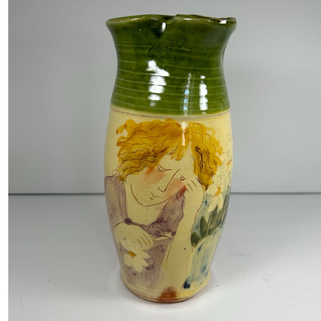 Studio Pottery Watercolor Art on Redware Pottery Pitcher Vase Woman Day ...