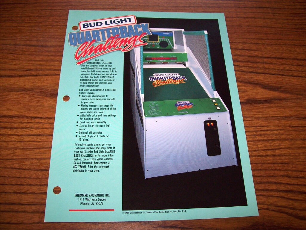 BUD LIGHT QUARTERBACK CHALLENGE 1989 BALL TOSS ARCADE GAME SALES FLYER ...
