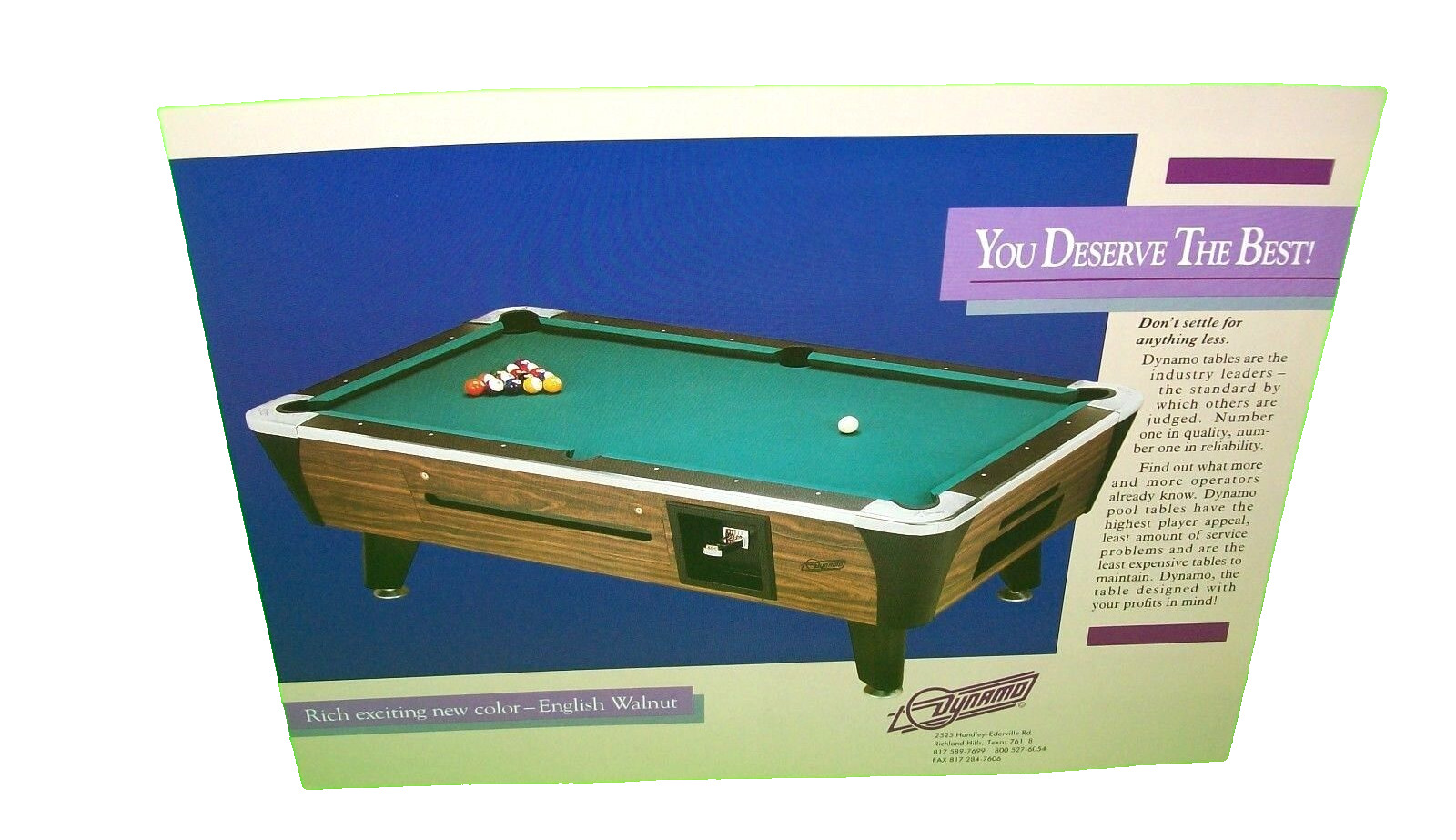 Dynamo Pool Table Flyer English Walnut Model Billiards 8.5" x 11" Two Sides