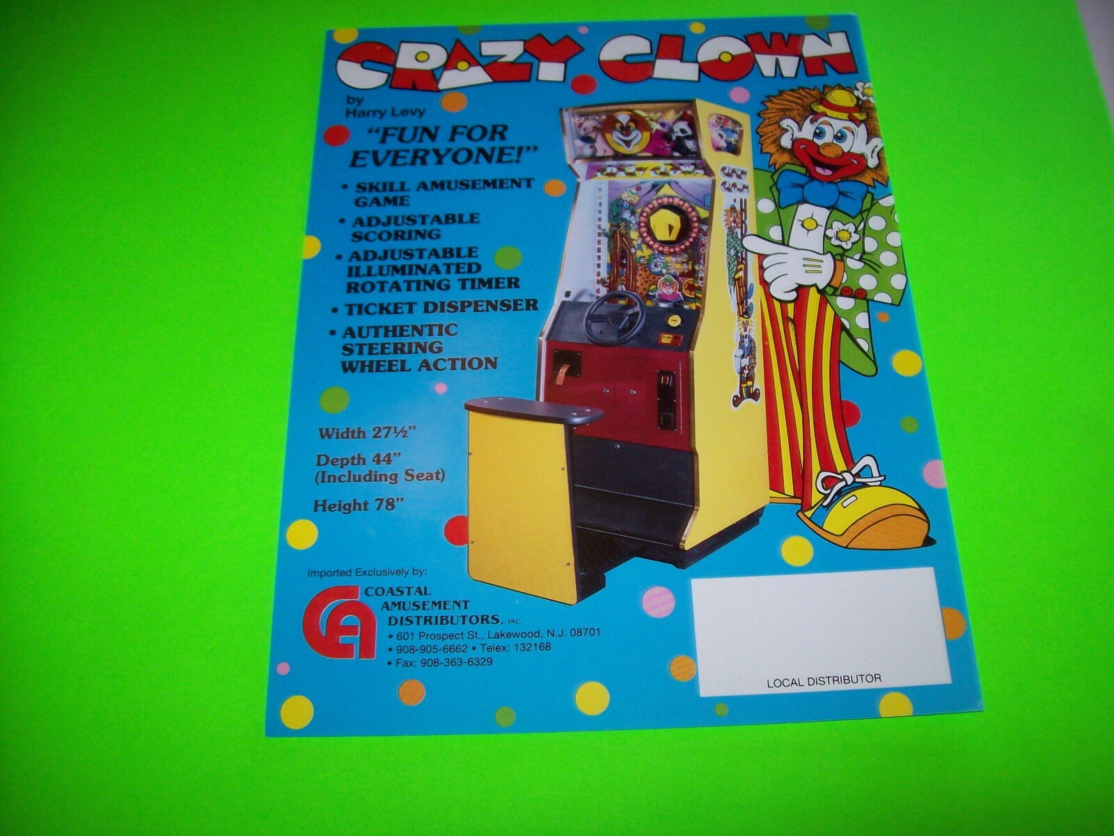 CRAZY CLOWN ORIGINAL REDEMPTION ARCADE GAME SALES FLYER
