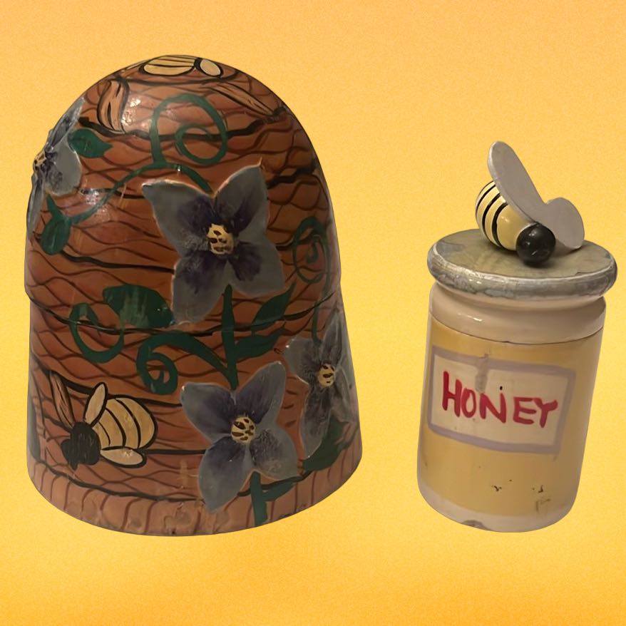 Vintage Painted Wooden Nesting Doll 3 Piece- Beehive, Honey Jar, Bee