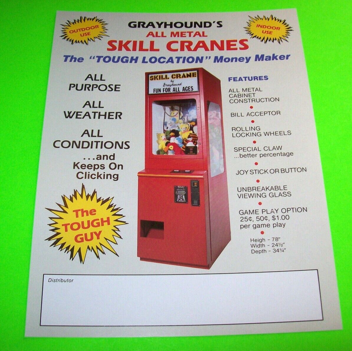 Grayhound Skill Crane FLYER Original NOS Redemption Claw Arcade Game Promo #2