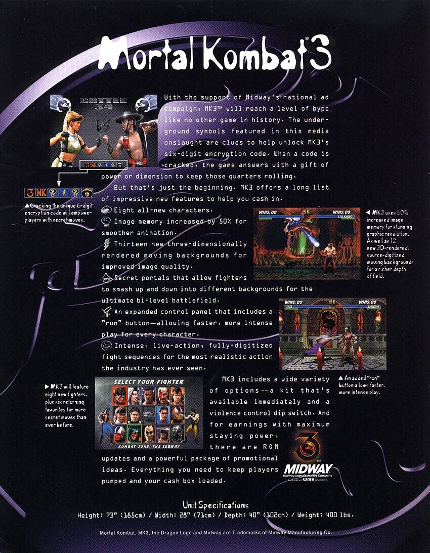Mortal Kombat 3 Arcade Game Flyer 1995 Original Video MK3 Martial Arts ...