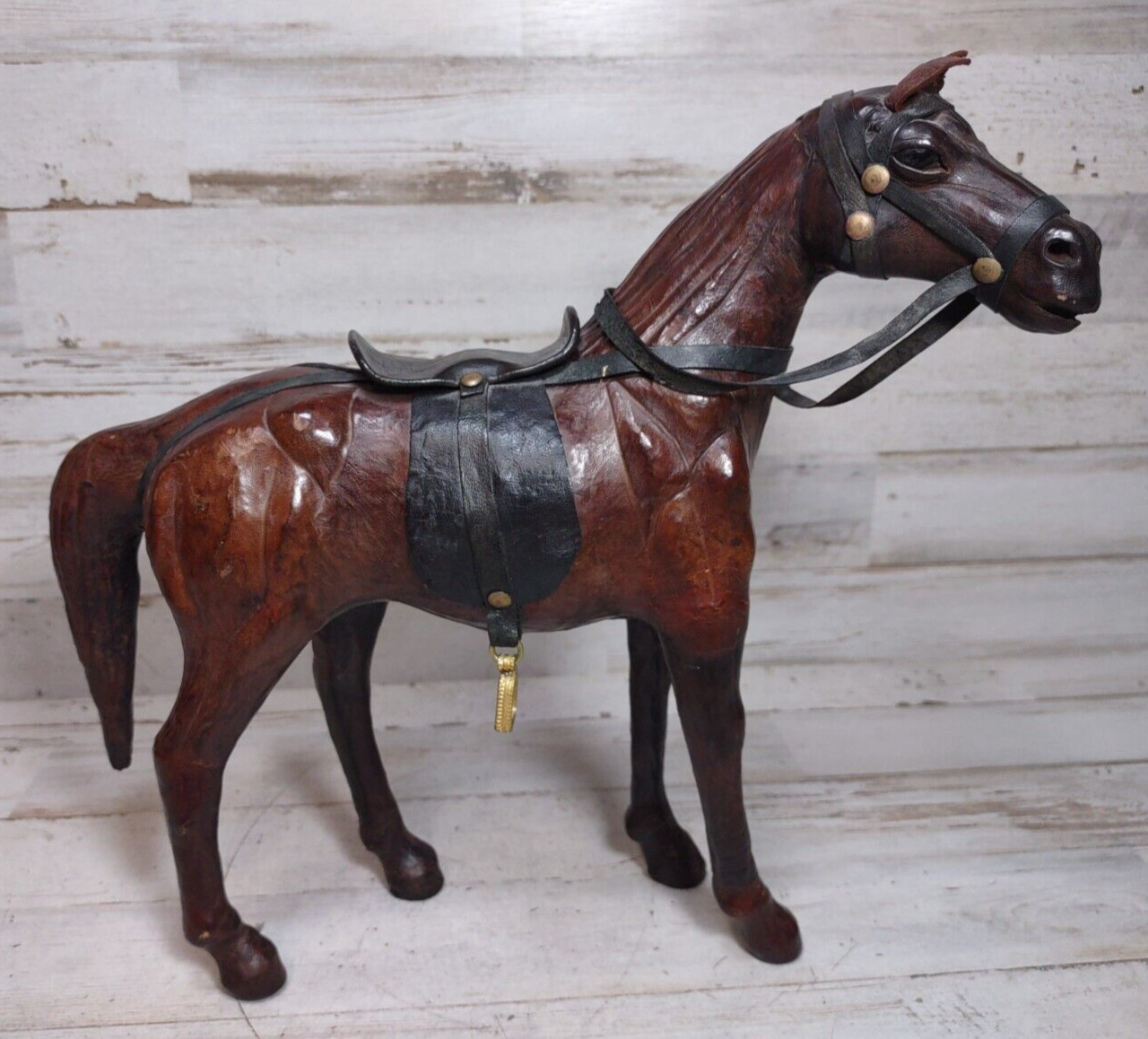 Vintage Leather Covered Model Horse Figurine w/ Saddle and Bridle Glass ...
