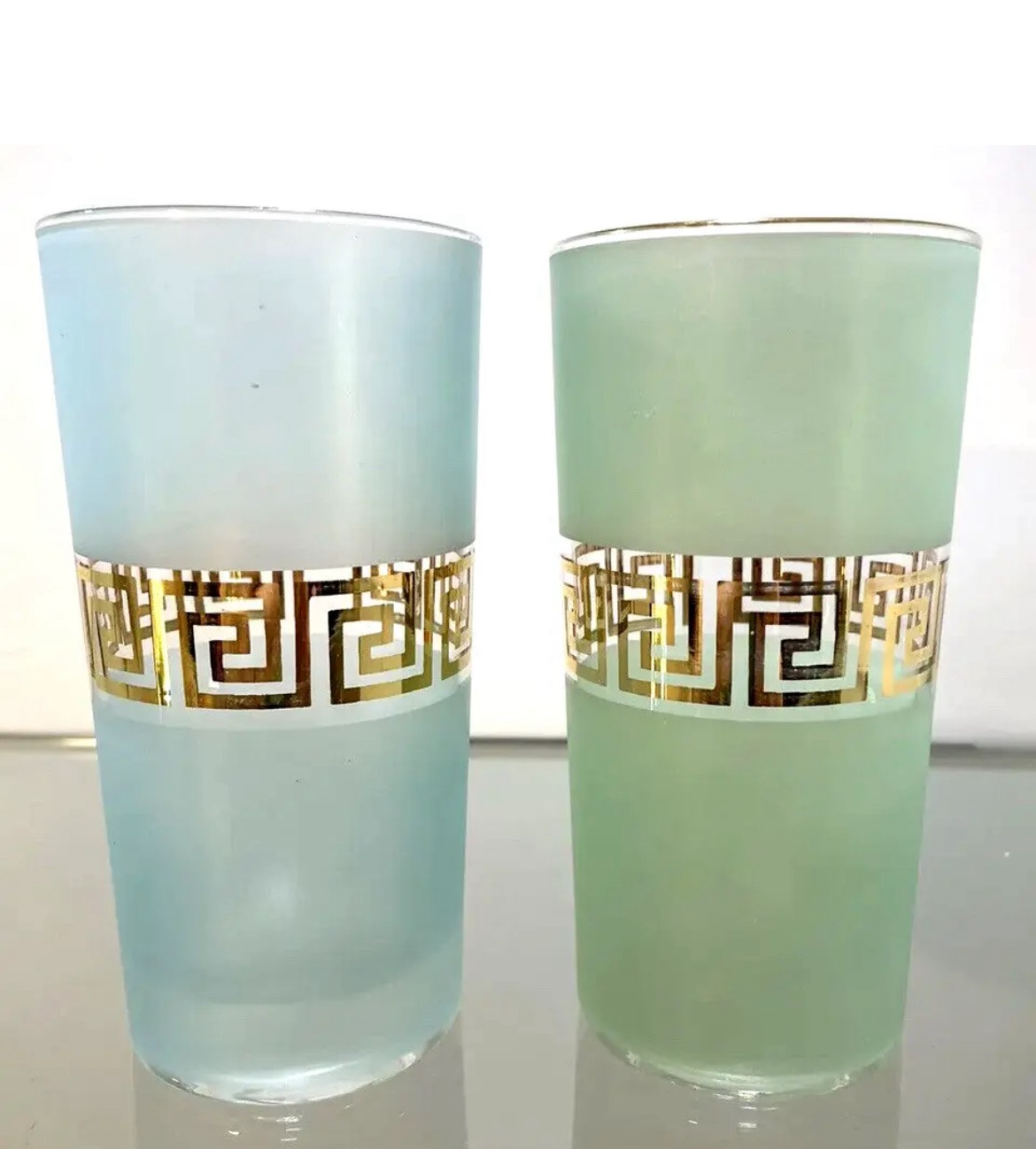 Mid Century Frosted Glasses Set Of 2 Gold Greek Key 12 oz Tumblers Blue ...