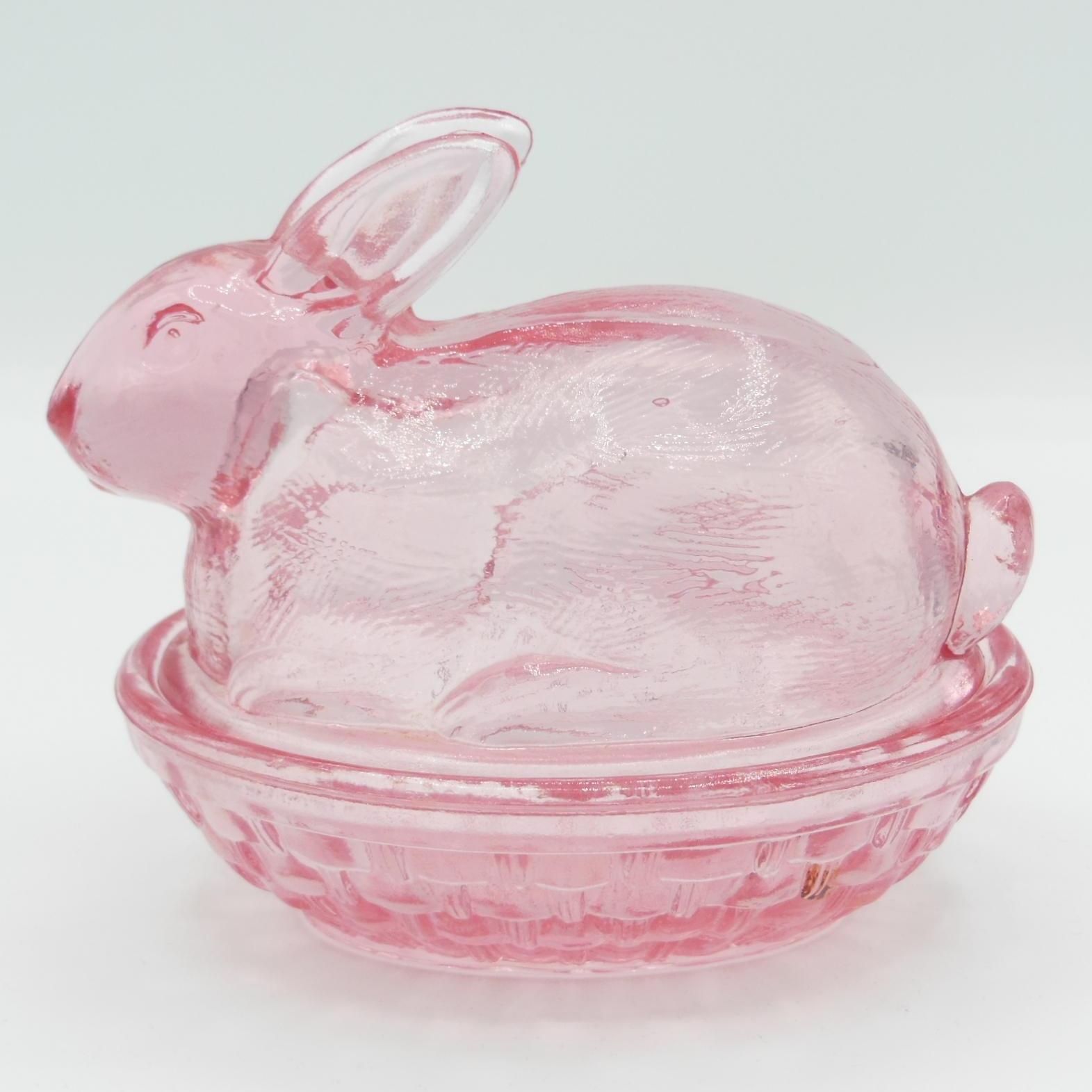 Vintage LE SMITH Pink Glass Bunny on Nest, Covered Candy Dish