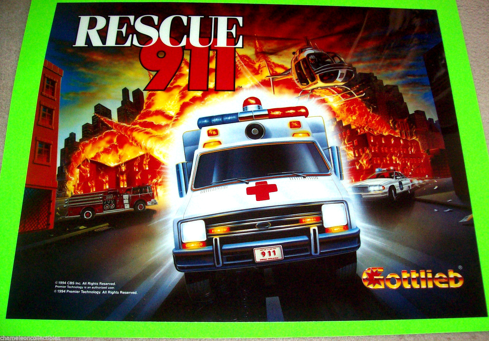 Rescue 911 Pinball Machine Translite Original 1994 Unused Helicopter ...